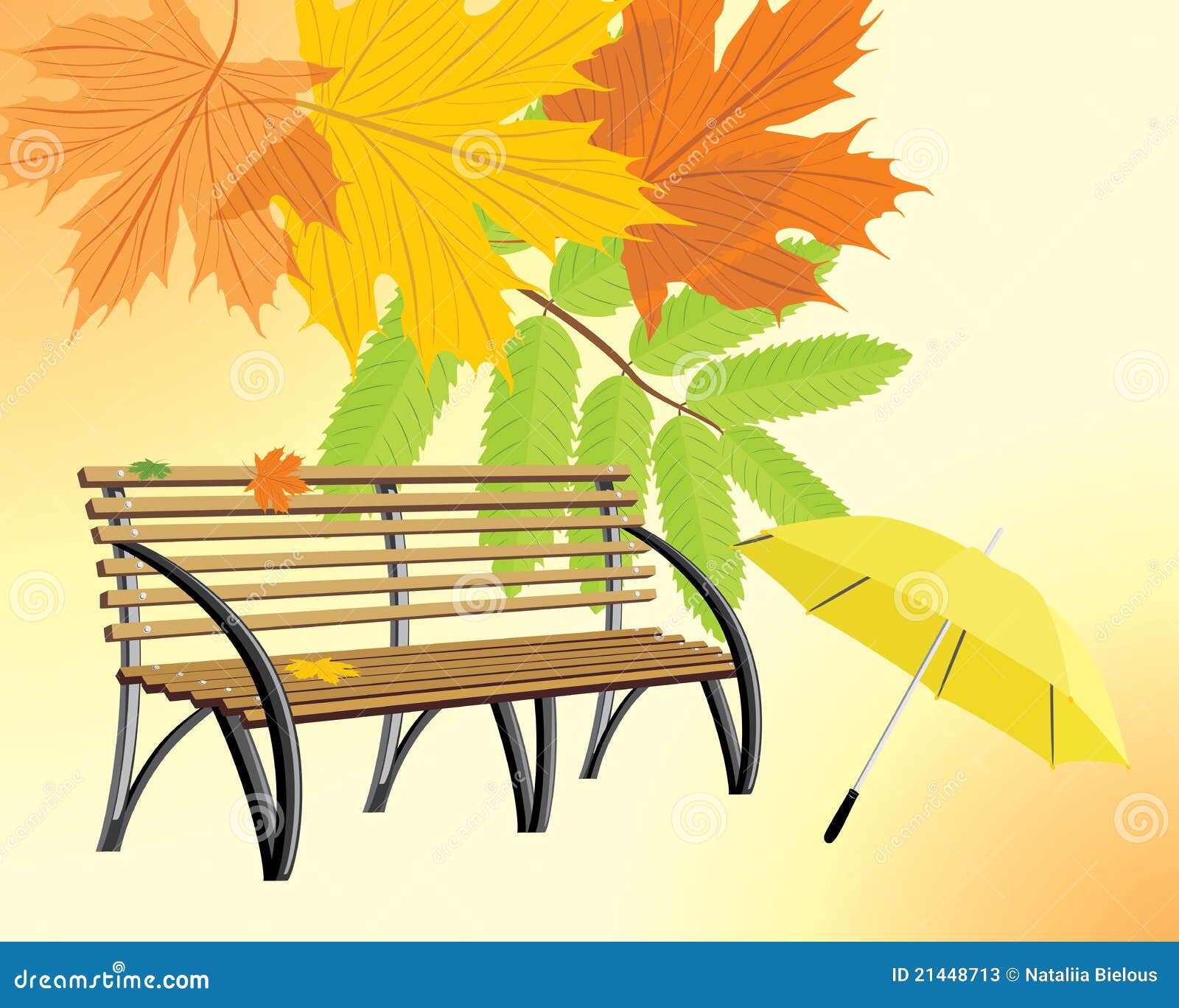 Wooden Bench and Umbrella on the Autumn Background Stock Vector ...