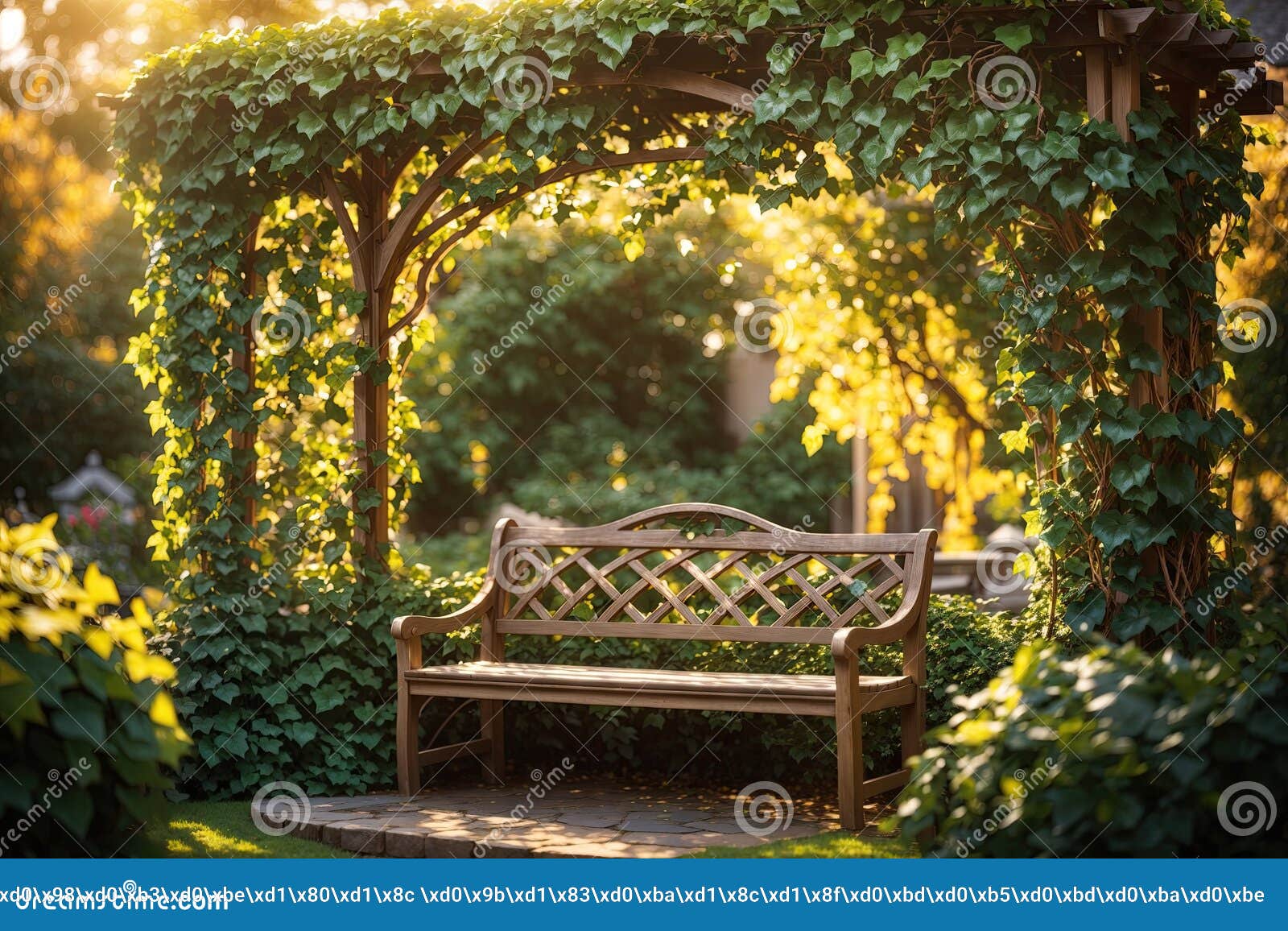Wooden Bench Under the Green Arch. Ai Generative Stock Illustration ...