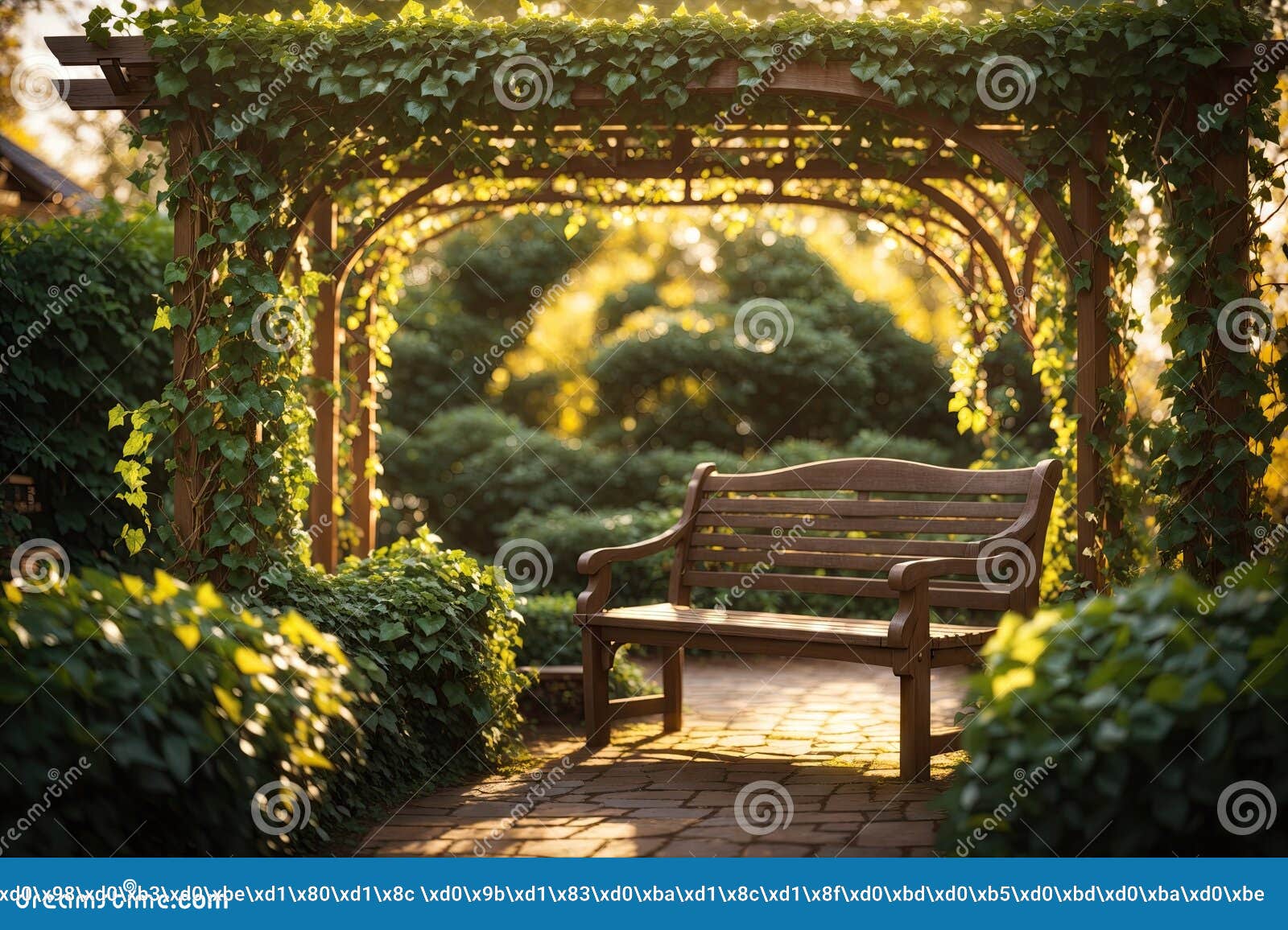 Wooden Bench Under the Green Arch. Ai Generative Stock Illustration ...