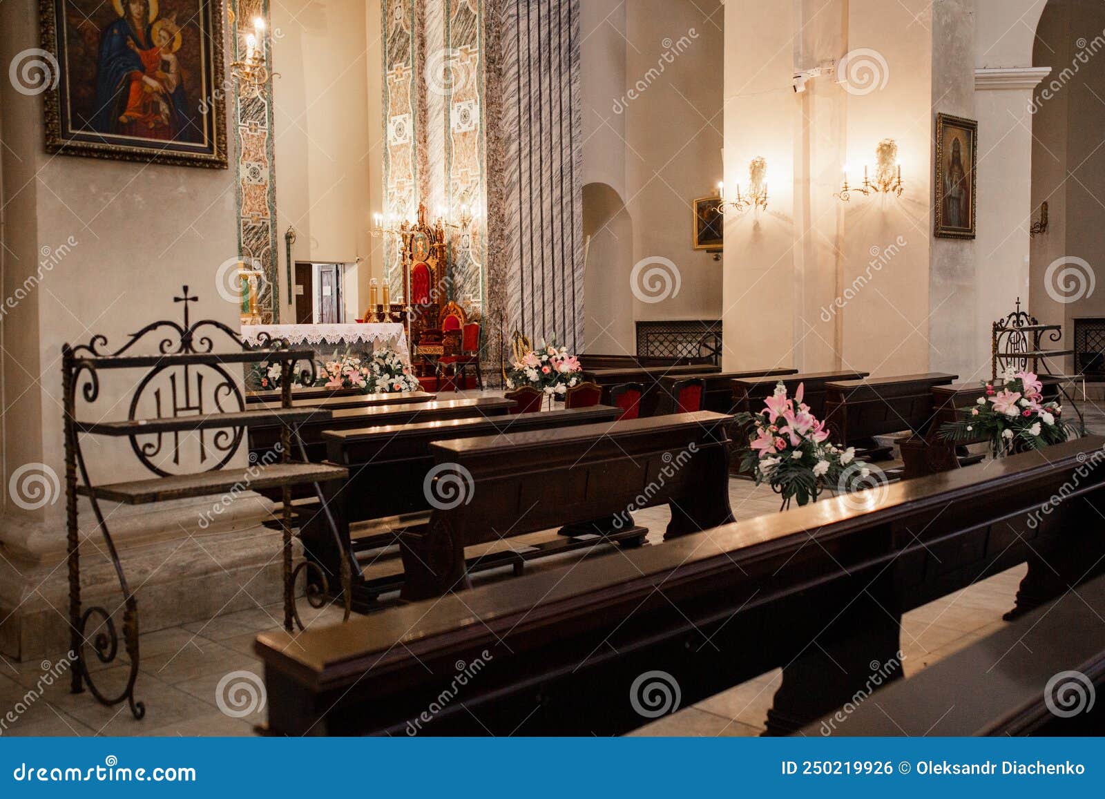 Wooden Benches in a Catholic Church Interior Stock Photo - Image of ...