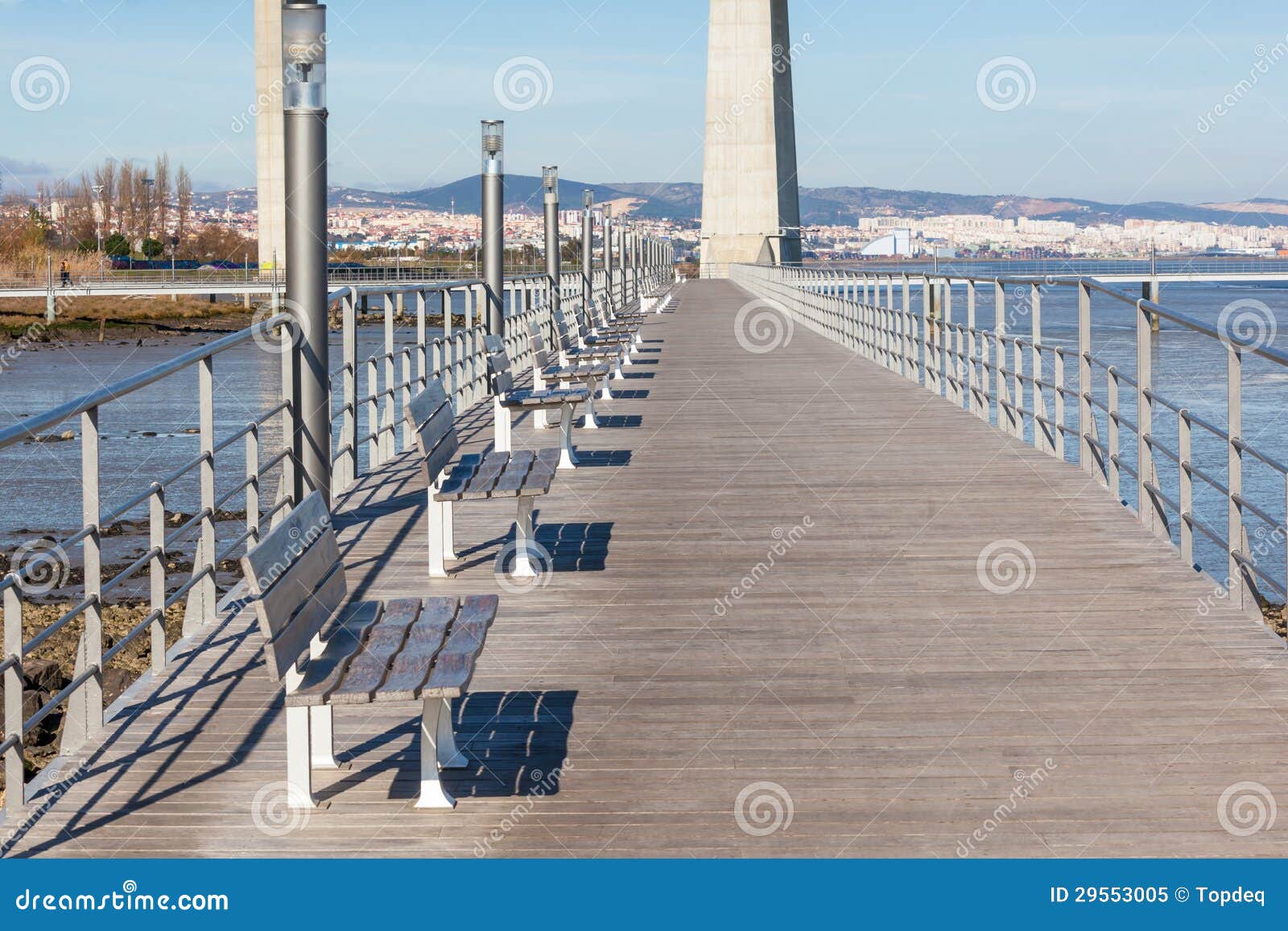 Wooden Benches Row at River Embankment Stock Image - Image of view ...