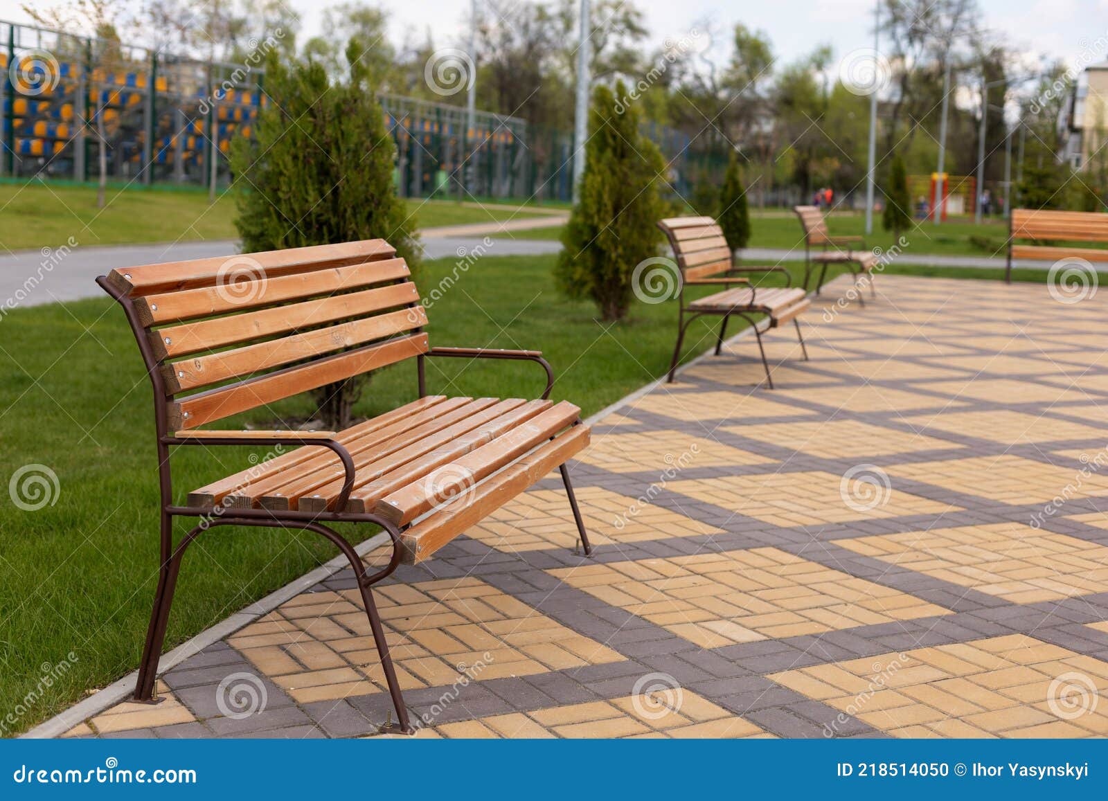 Wooden Benches in the Schoolyard Stock Photo - Image of nature ...