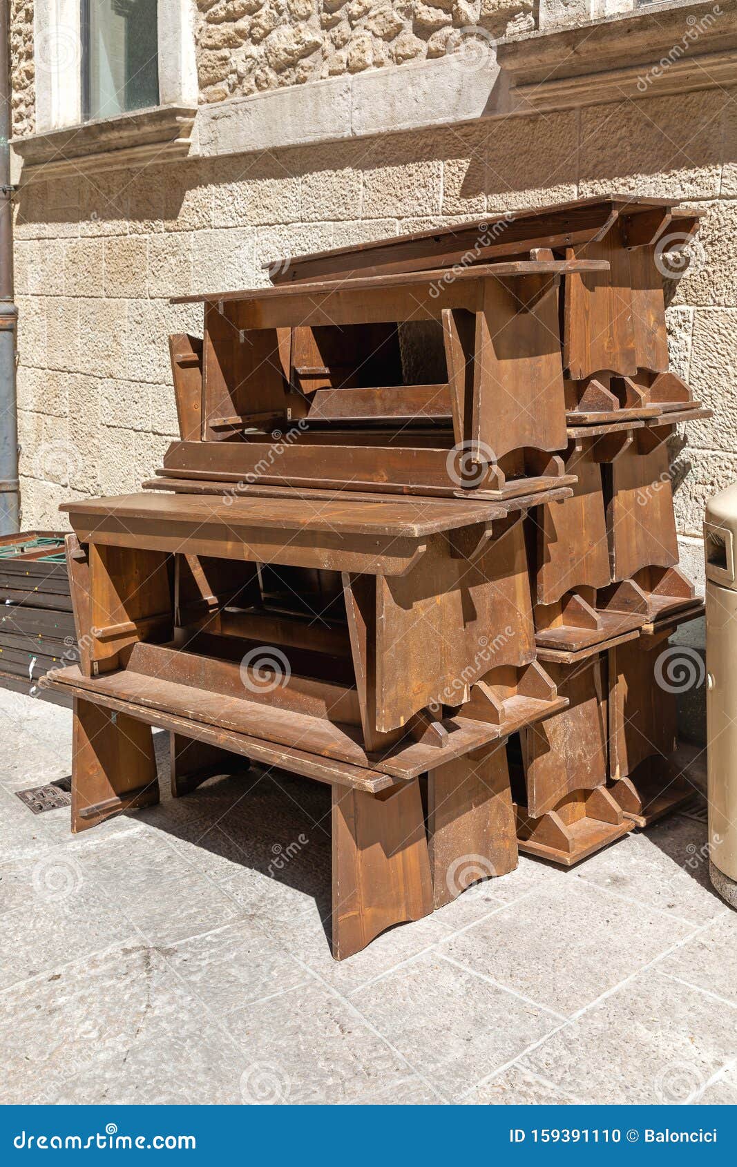Wooden Benches Stack stock photo. Image of brown, festive - 159391110