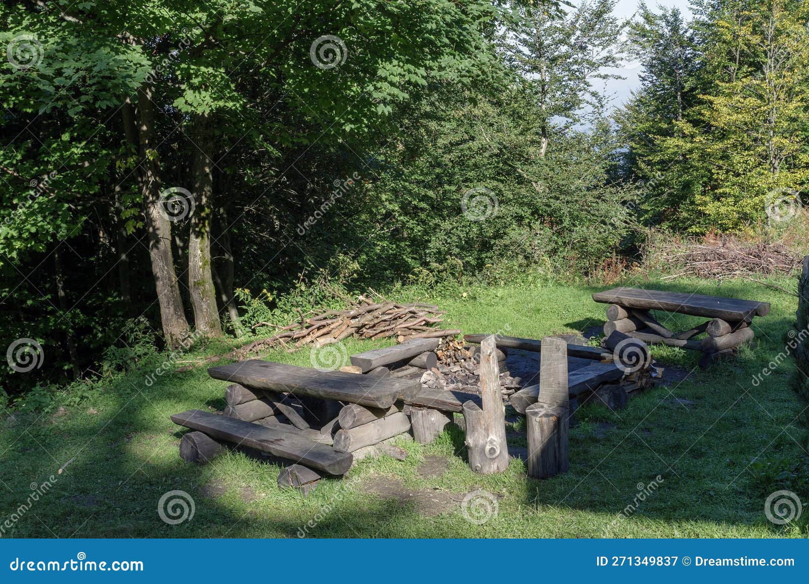 Wooden Benches and Table, Fireplace in Forest in Beskid Mountains Stock ...