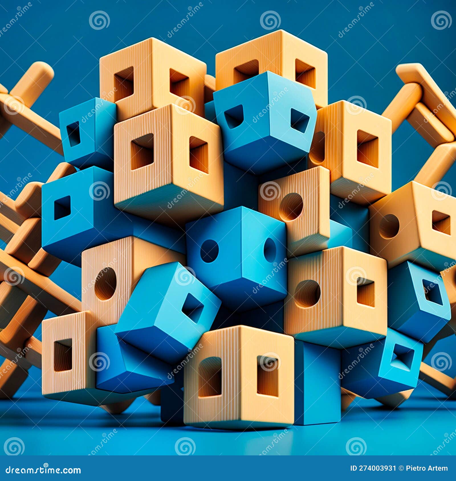 Wooden Blocks Connected Together on a Blue Background, Generative AI ...