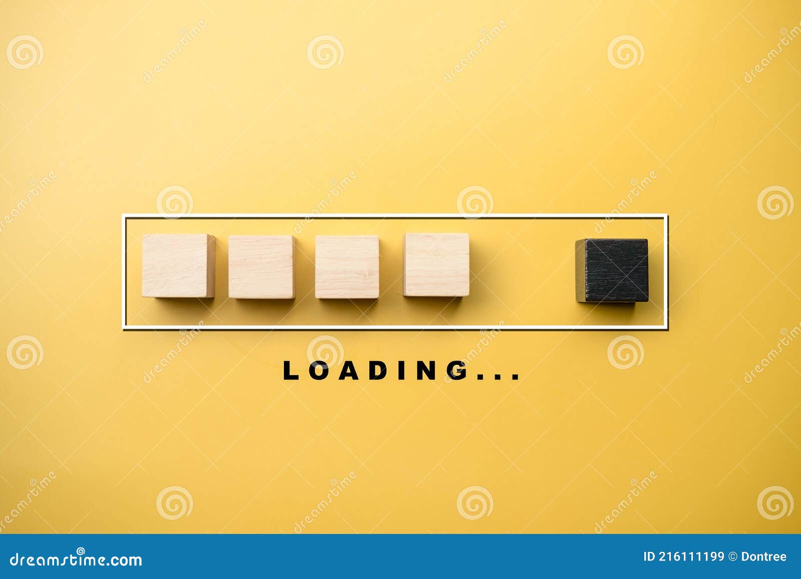 Wooden Blocks in Progress Bar with LOADING Wording Under Bar. Loading ...