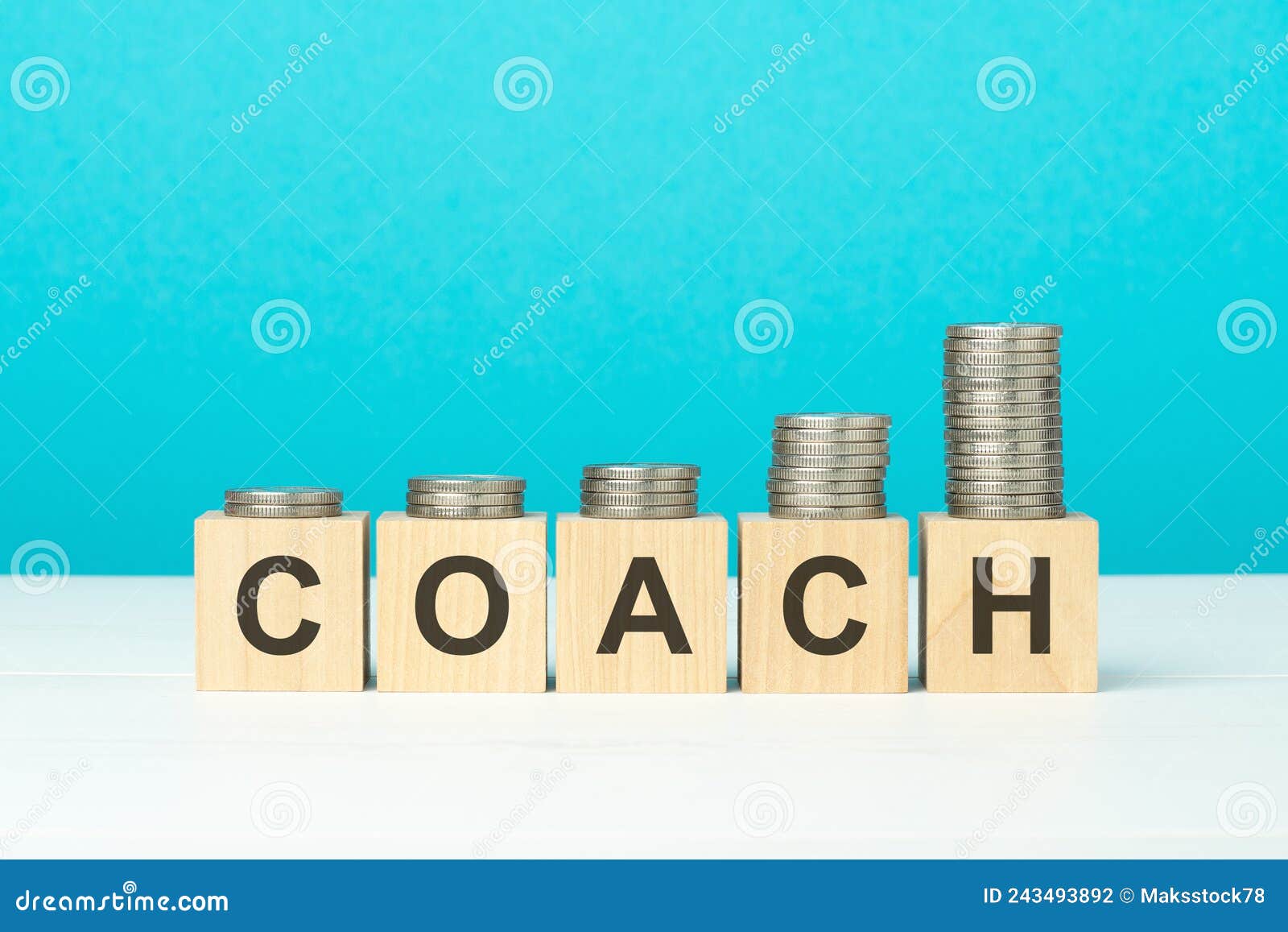 Wooden Blocks with Text Coach and Coins on Wooden Table. Copy Space ...