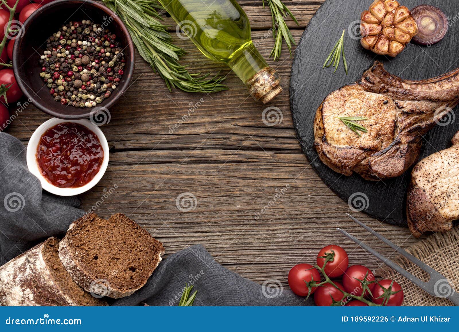 Wooden Board with Cooked Meat Frame Photo Stock Photo - Image of onion ...