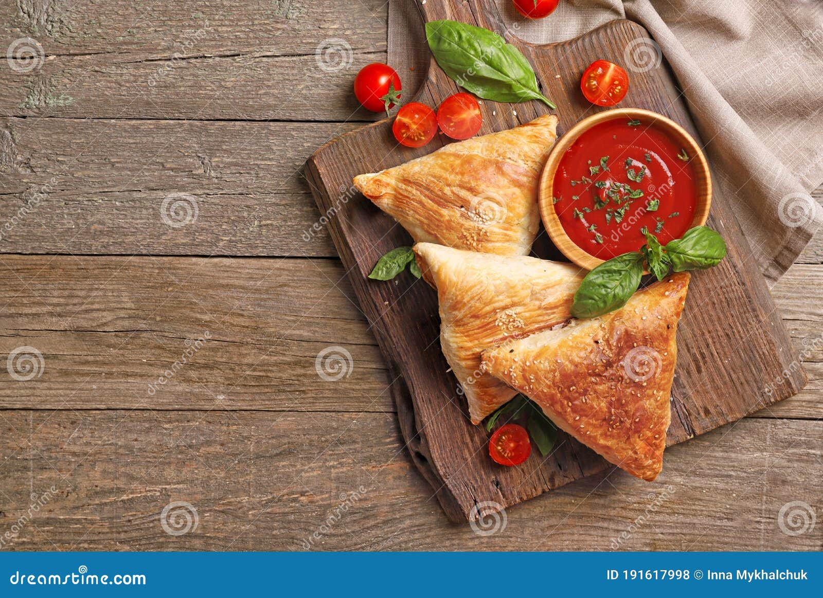 Wooden Board with Delicious Meat Samosas on Table Stock Photo - Image ...