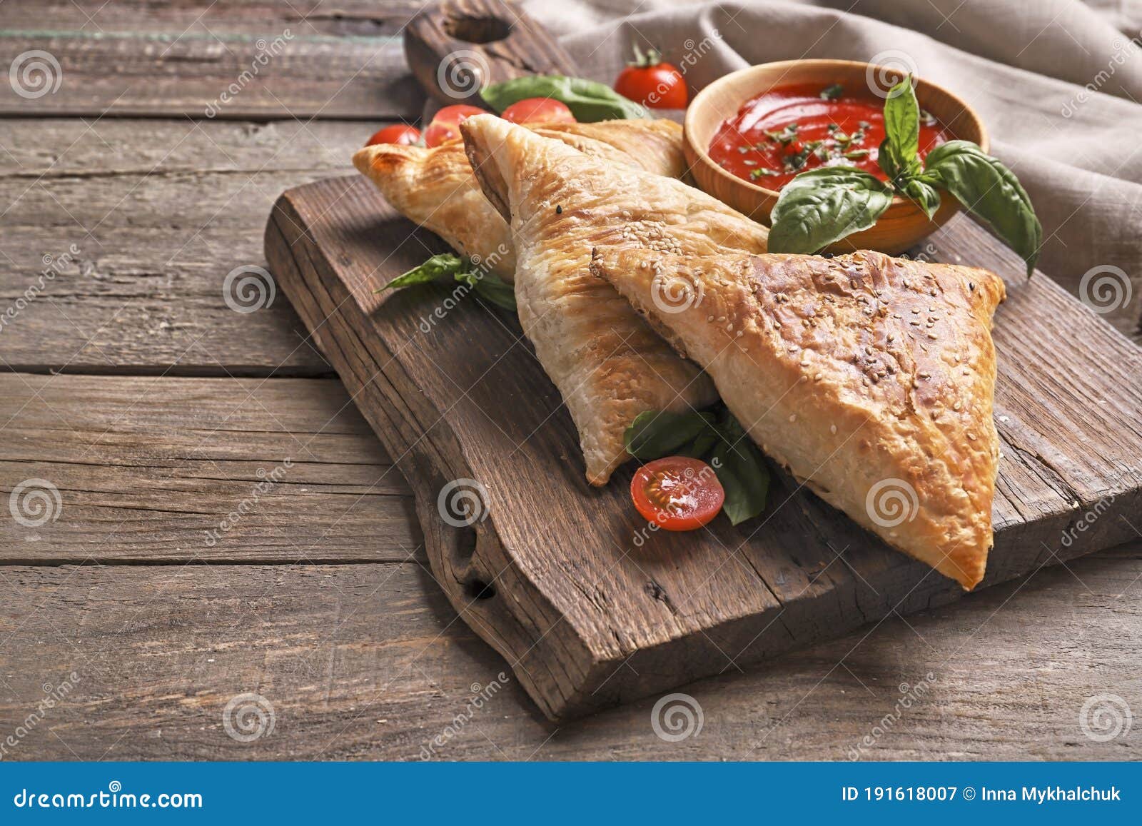 Wooden Board with Delicious Meat Samosas on Table Stock Image - Image ...