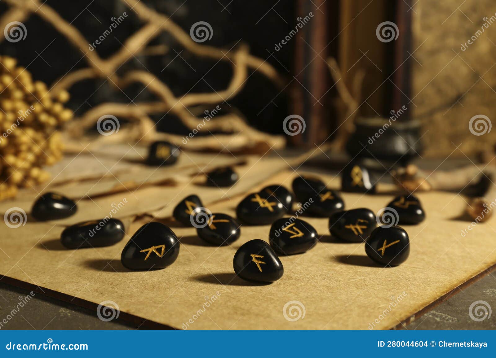 Wooden Board with Many Black Rune Stones on Table Stock Photo - Image ...