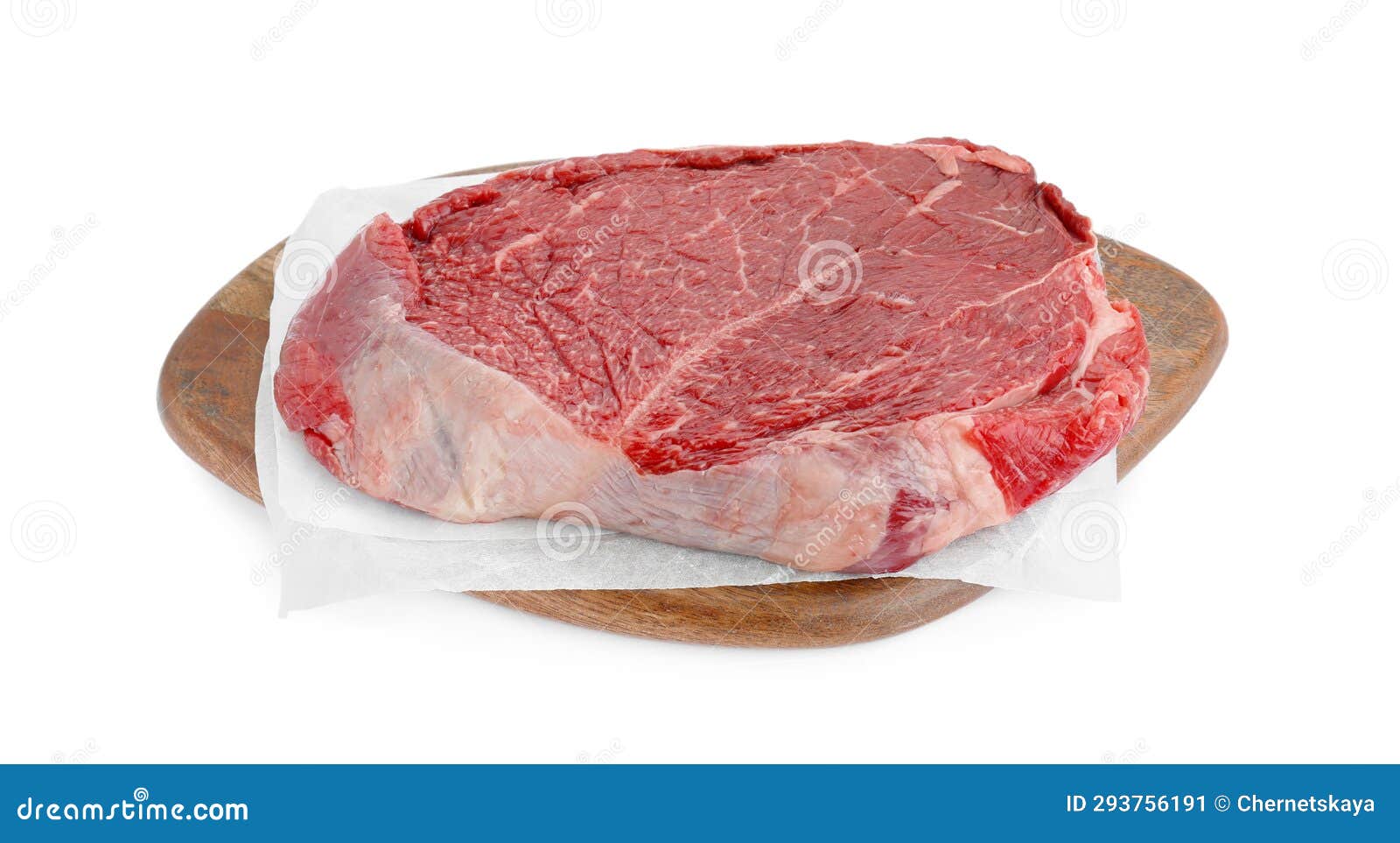 Wooden Board with Piece of Raw Beef Meat Isolated on White Stock Image ...