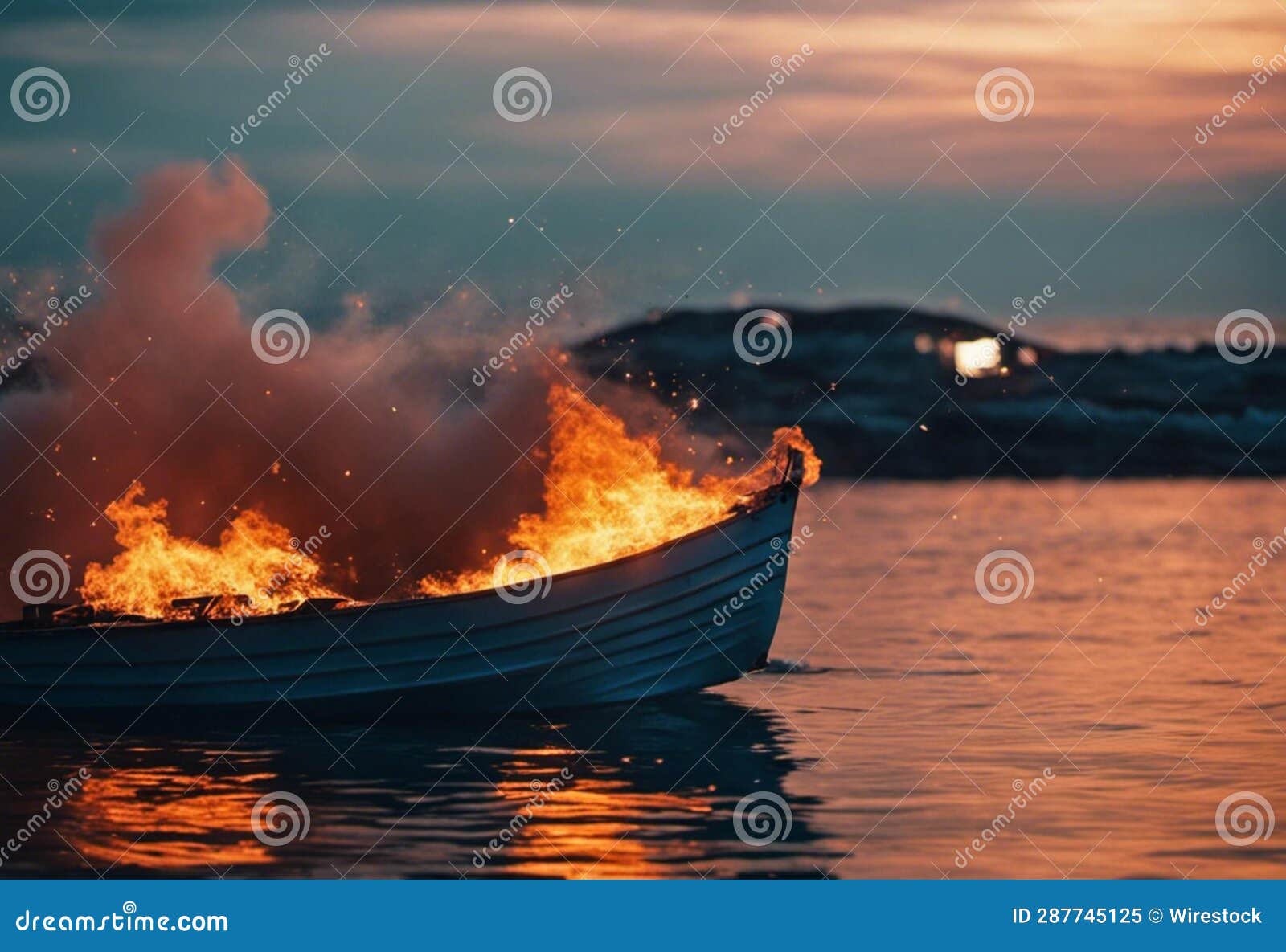 Wooden Boat Burning in the Sea Stock Image - Image of orange, smoke ...