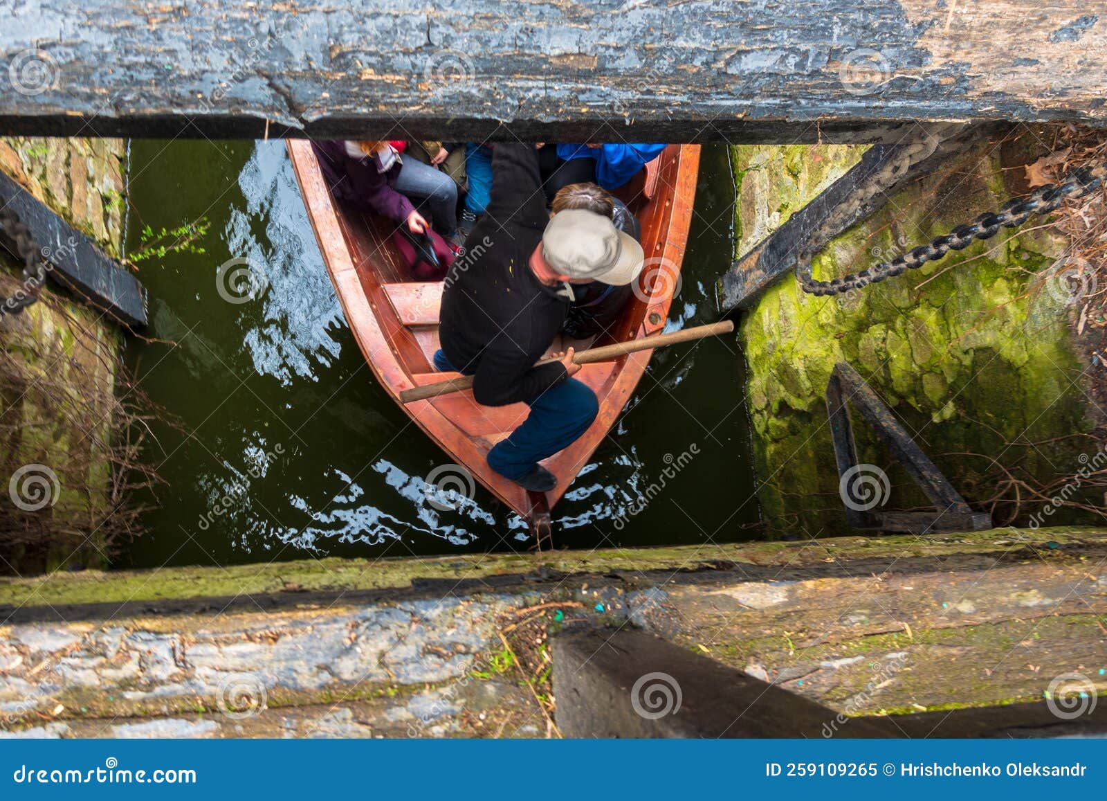 A Wooden Boat Floats Under the Bridge. View from Above Stock Image ...
