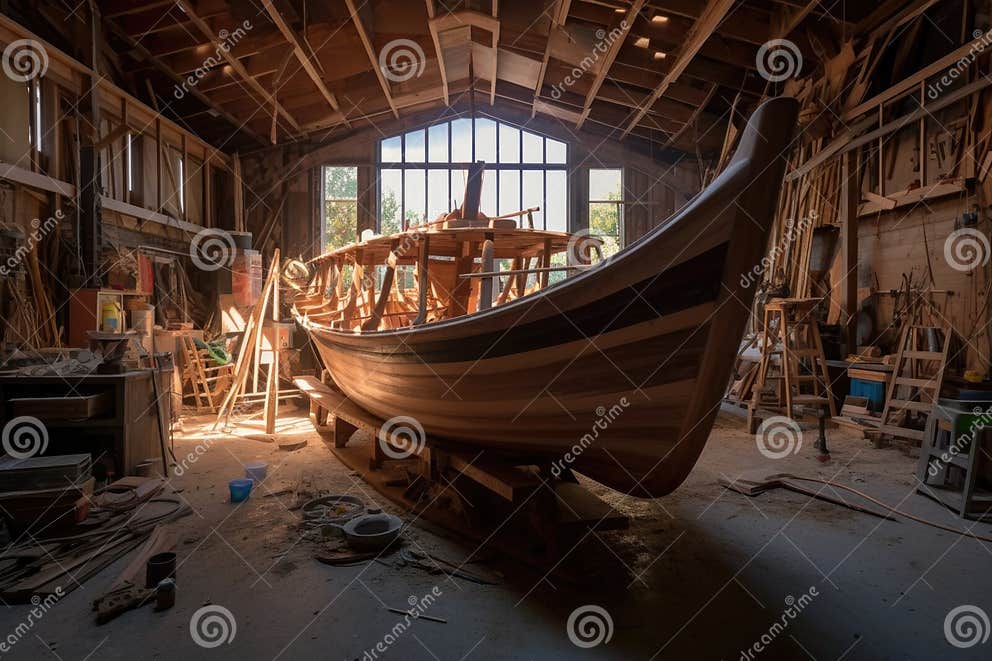 Wooden Boat Under Construction in Workshop Stock Photo - Image of ...