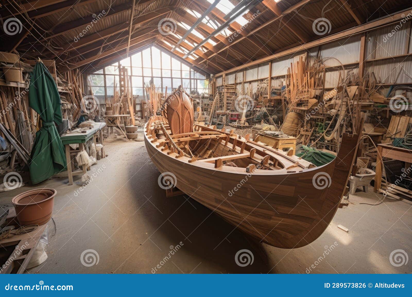 Wooden Boat Under Construction in Workshop Stock Photo - Image of ...