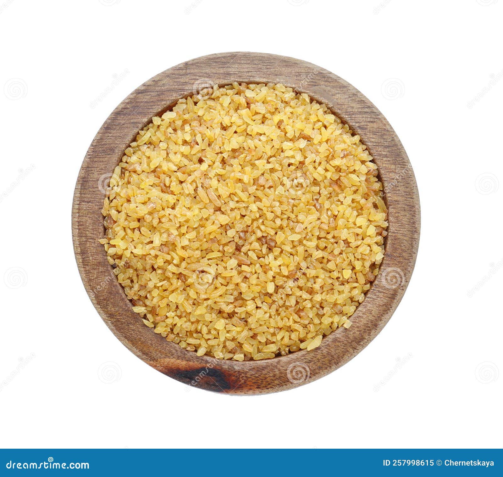 Wooden Bowl with Uncooked Bulgur on Isolated White, Top View Stock ...