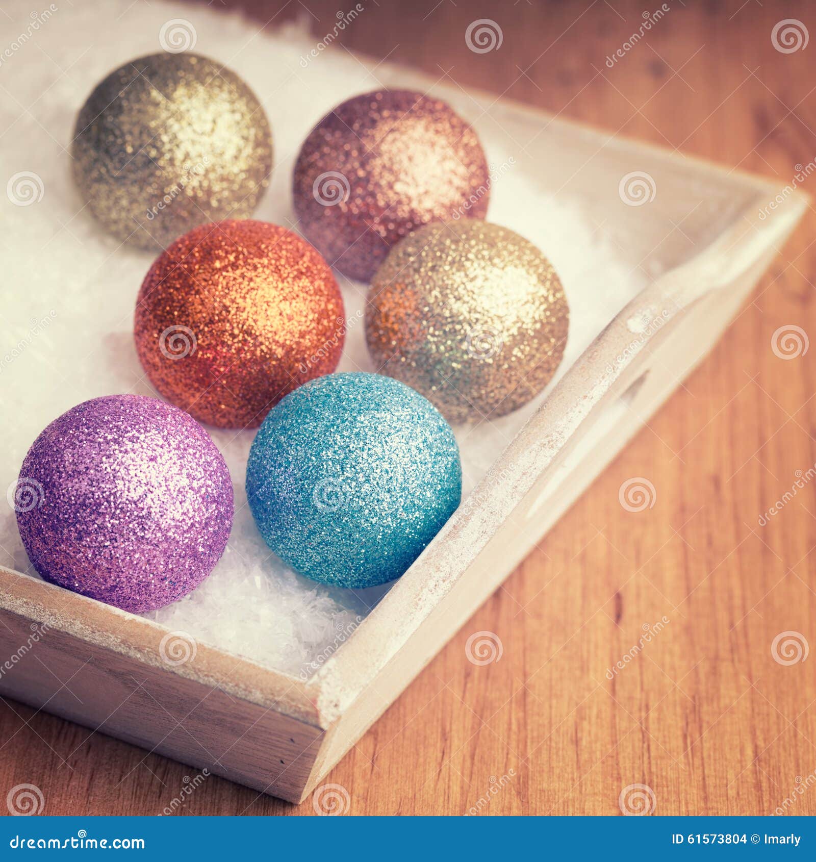 A Wooden Box with Christams Balls and Snow Stock Photo - Image of ball ...