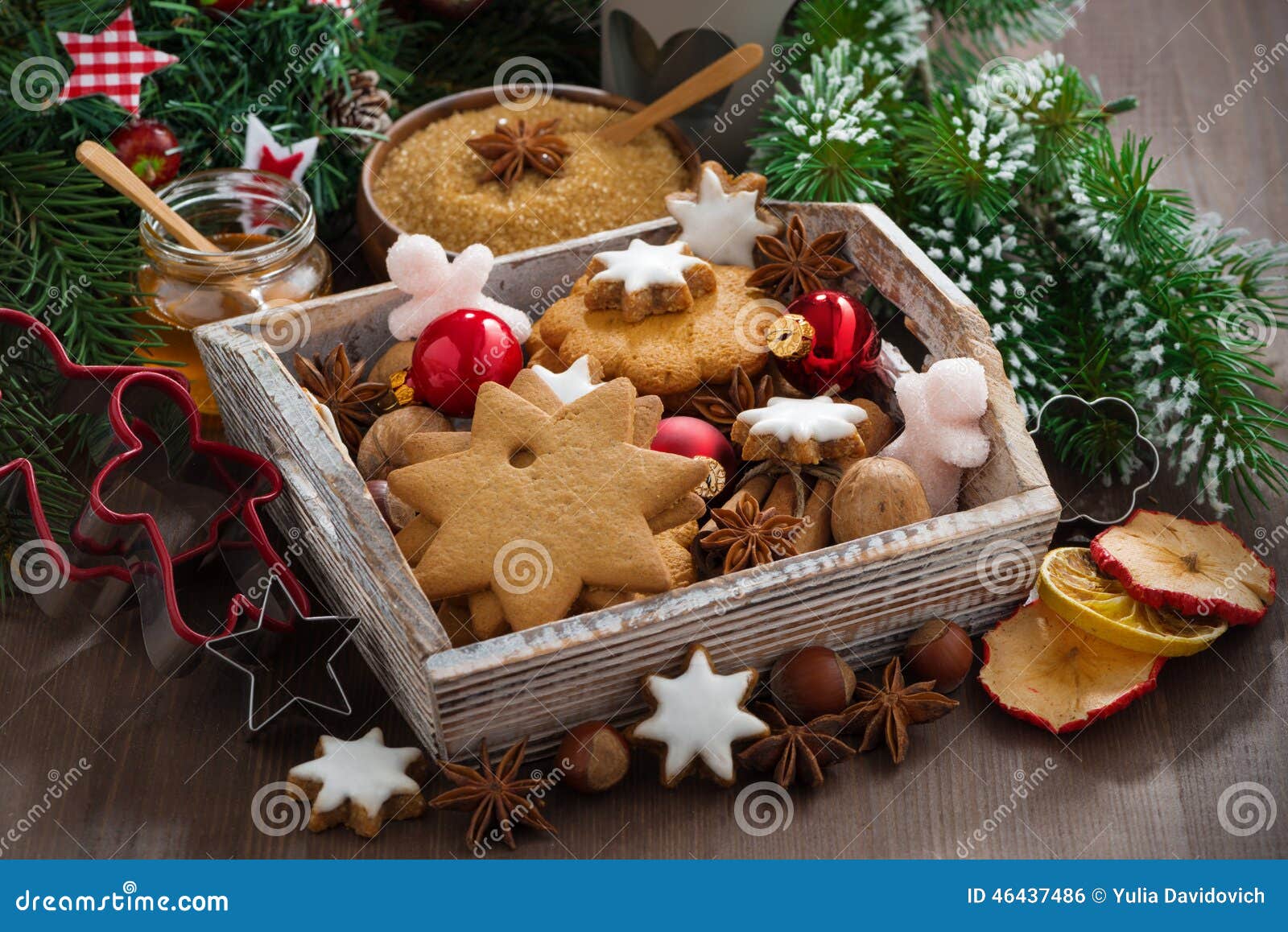 Wooden Box with Christmas Cookies on the Table Stock Photo - Image of ...