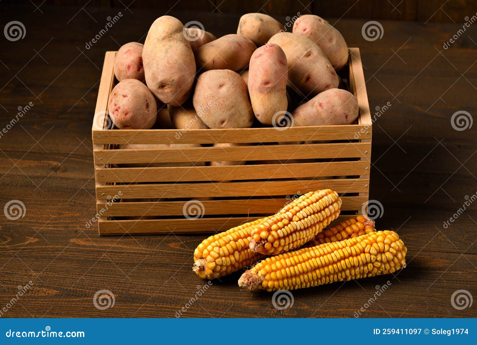 Wooden Box Full of Potatoes and Corn Cobs on Dark Wooden Background ...