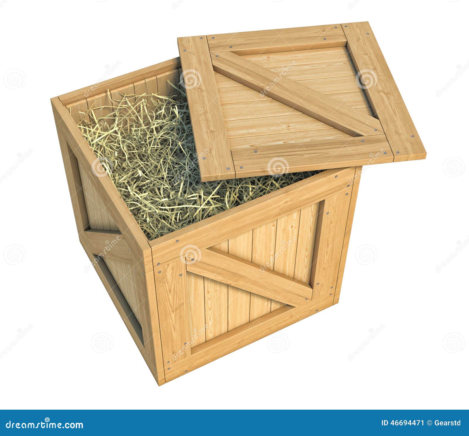 Wooden Box Isolated with Hay on White Background Stock Illustration ...
