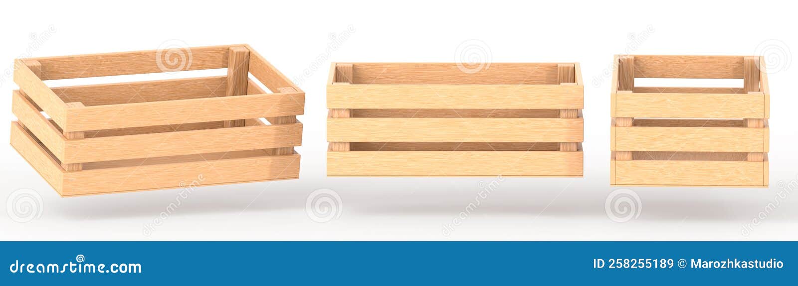 Wooden Box Side, Top and Angle View 3D Render Set. Blank Rectangular ...