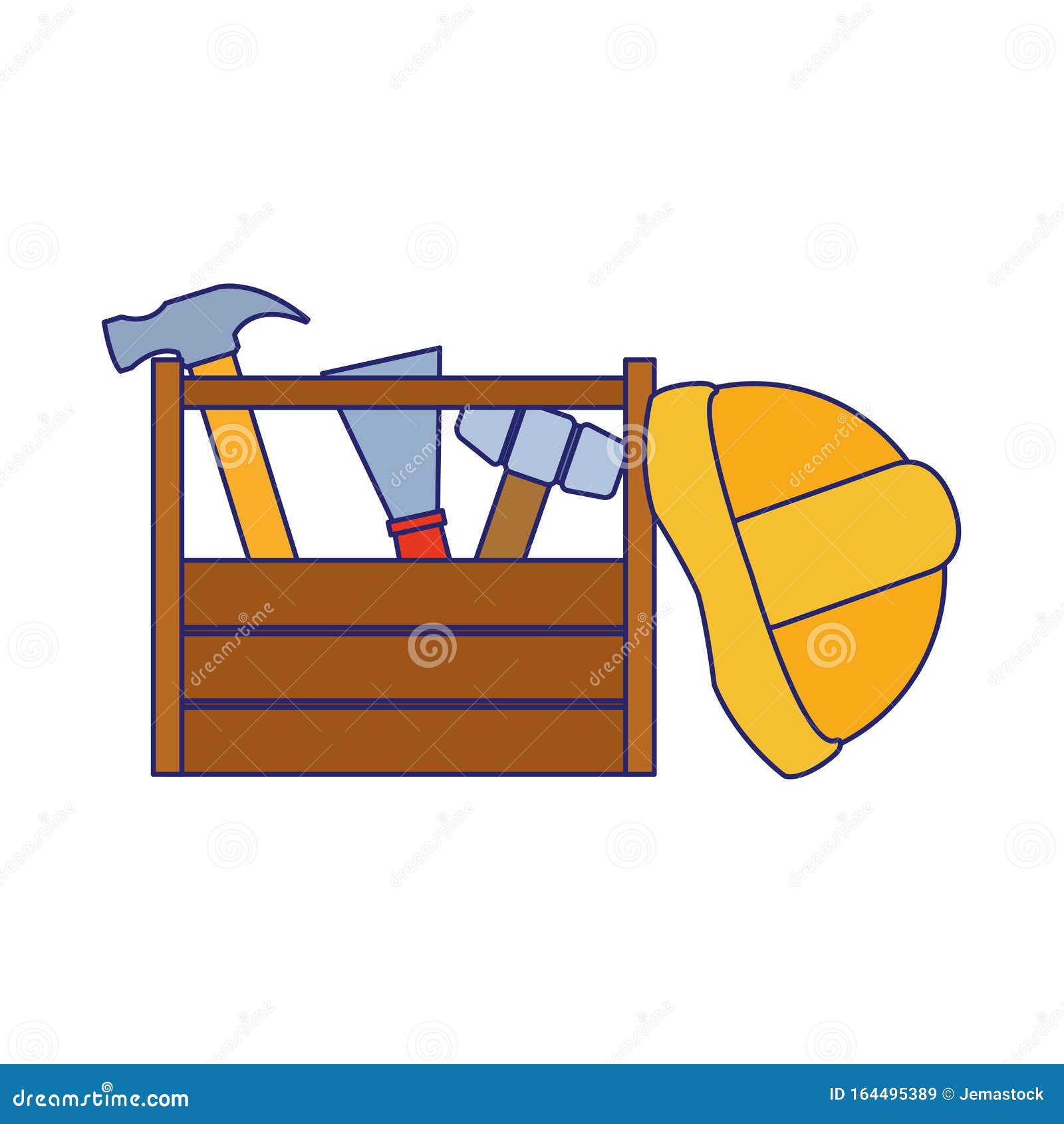 Wooden Box with Tools and Construction Helmet Stock Vector ...