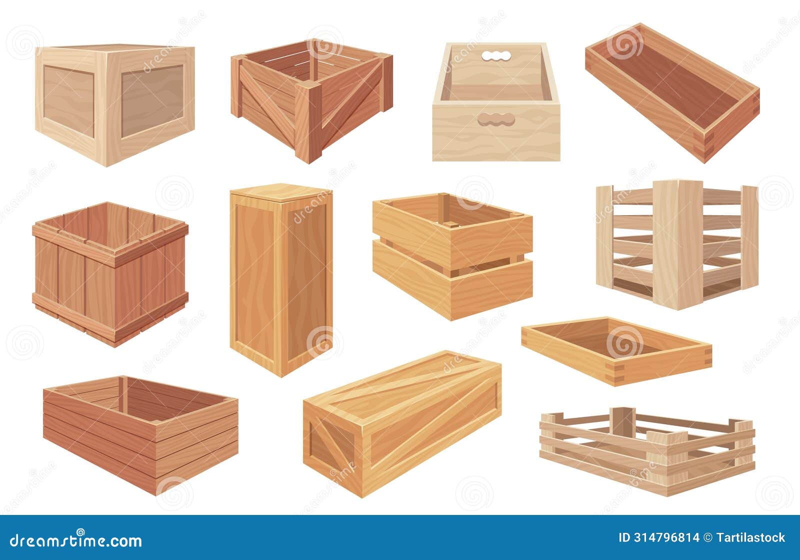 Wooden Boxes. Cartoon Wooden Crates and Packages, Closed and Open ...