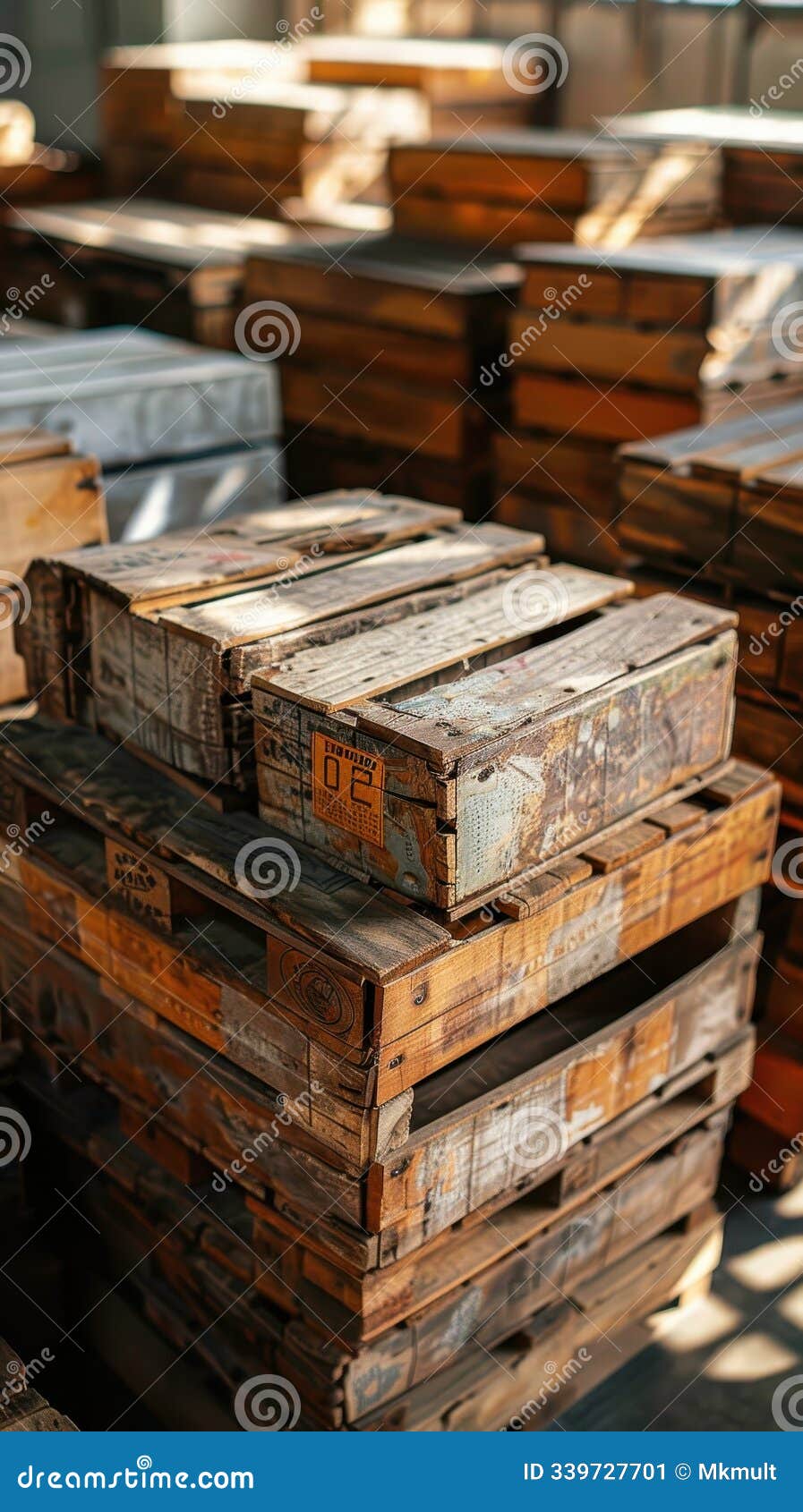 Wooden Boxes and Parcels Stacked on Pallets in a Warehouse for Shipment ...