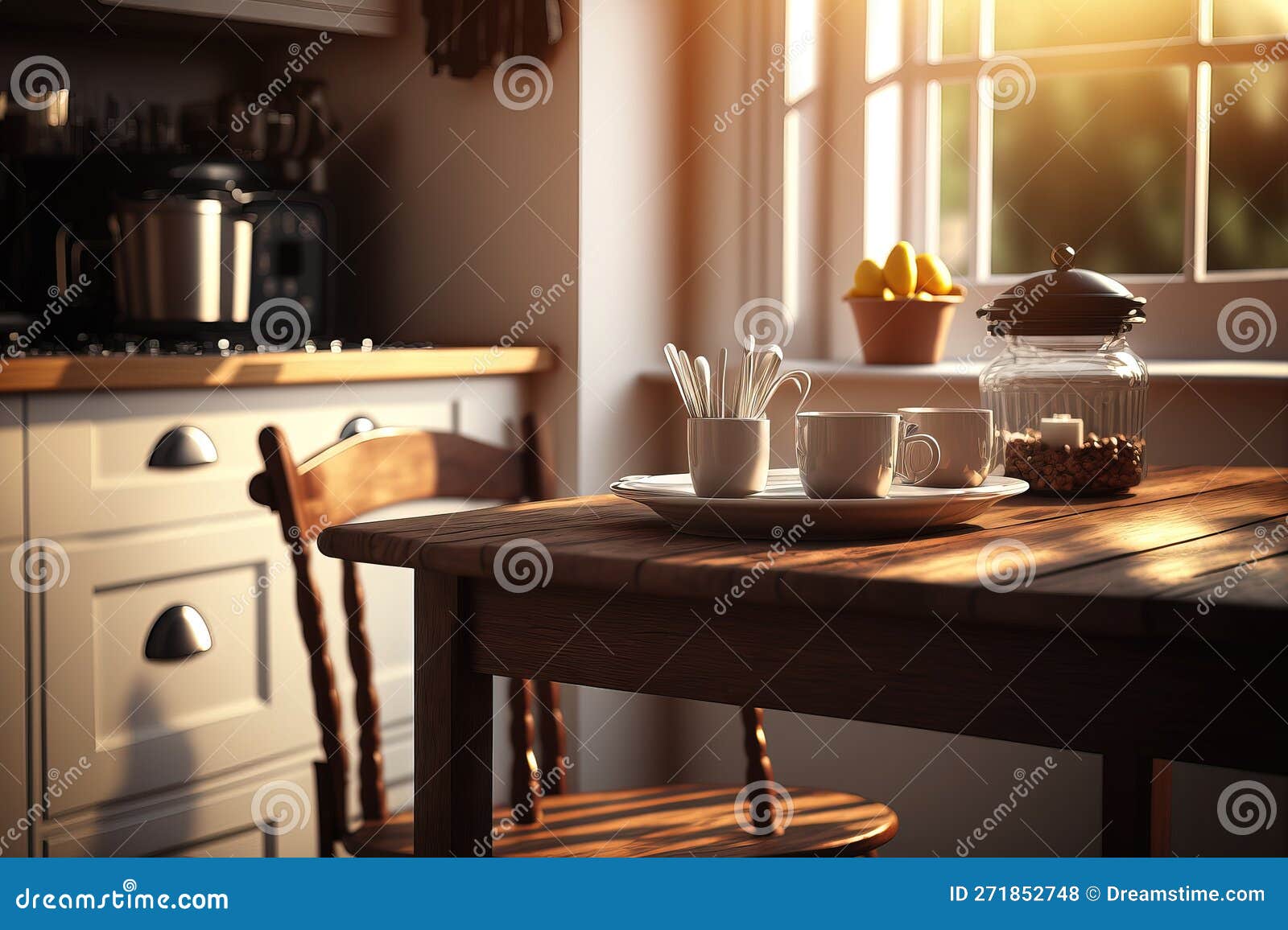 Wooden Breakfast Table in a Bright Kitchen in the Early Morning Light ...