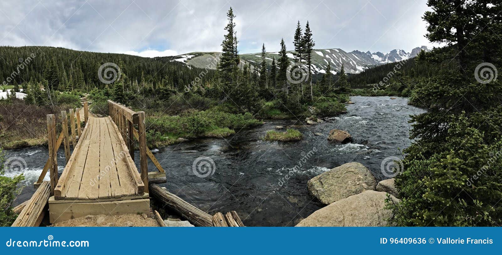 Wooden Bridge Across Mountain River Stock Photo - Image of nature ...