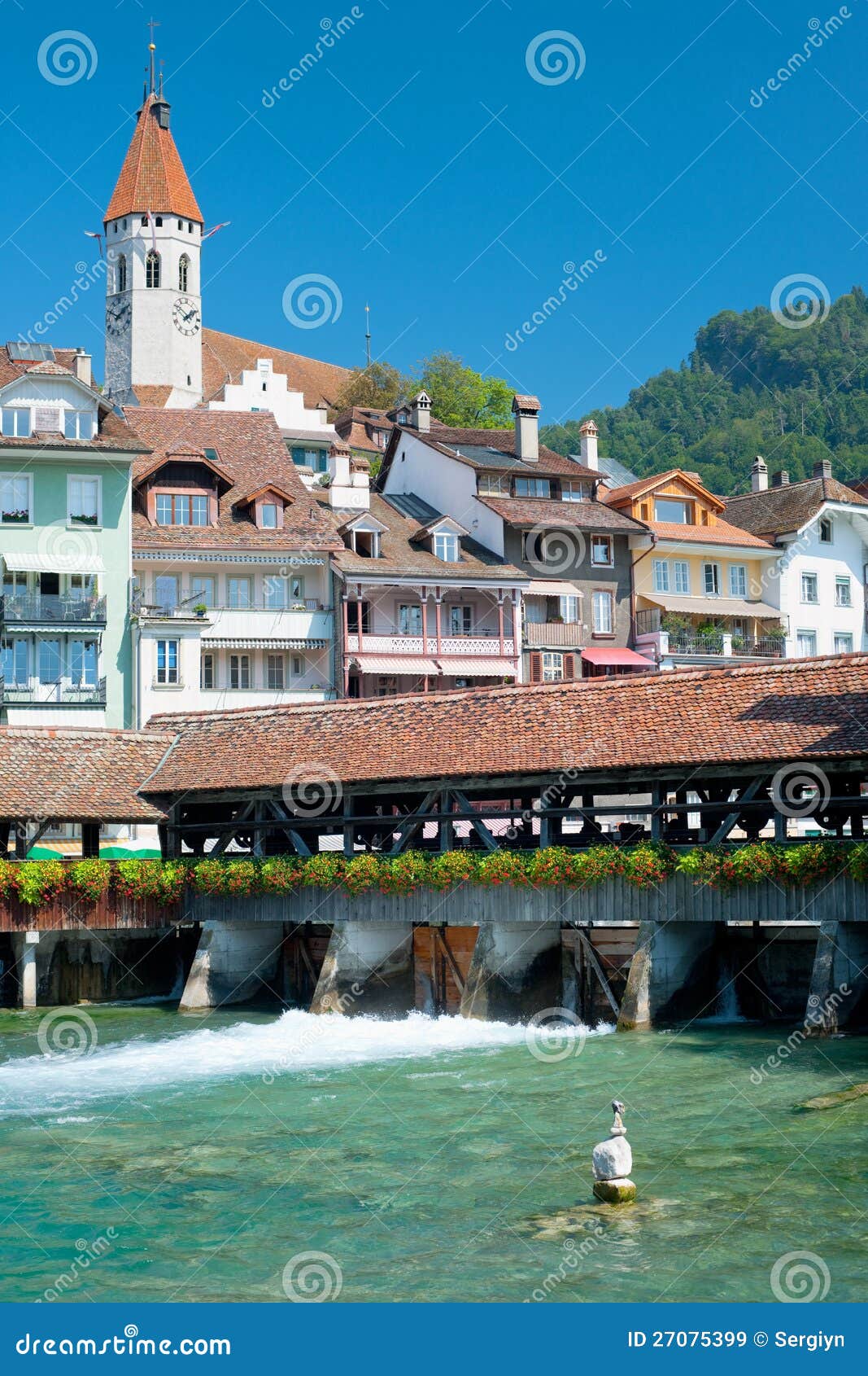 Wooden Bridge and Buildings in Thun Stock Image - Image of church ...