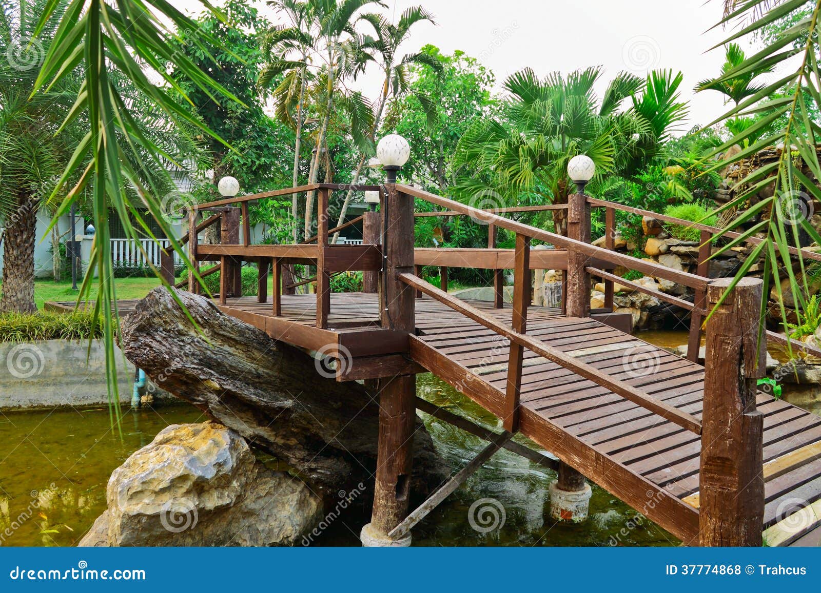 Wooden Bridge Cross the Concrete Stream in Garden Stock Photo - Image ...