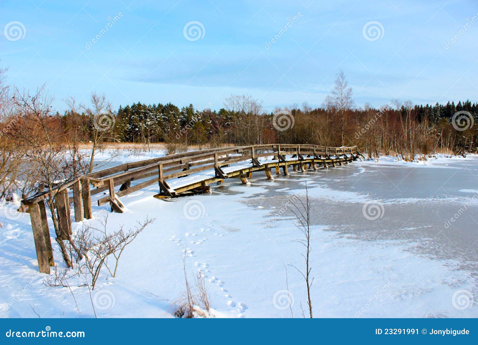 A Wooden Bridge Over a Frozen River Stock Image - Image of park, freeze ...