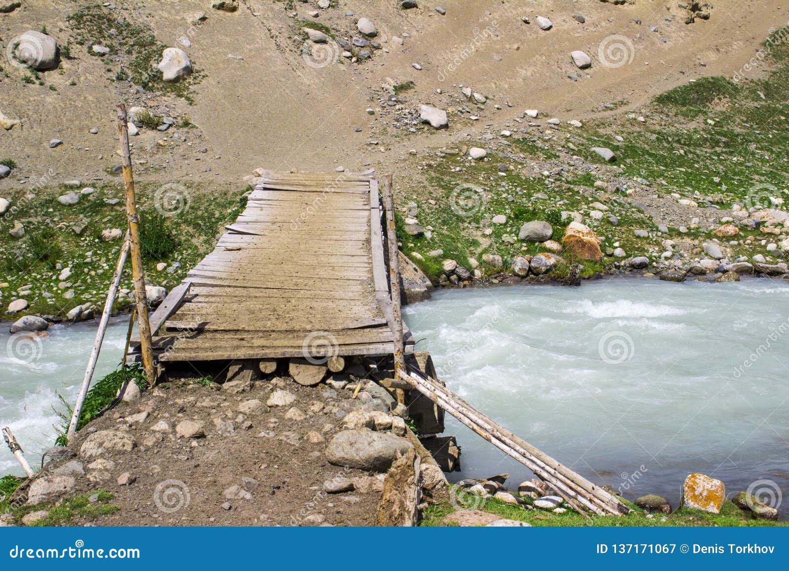 Wooden Bridge Over Mountain River Stock Image - Image of footbridge ...