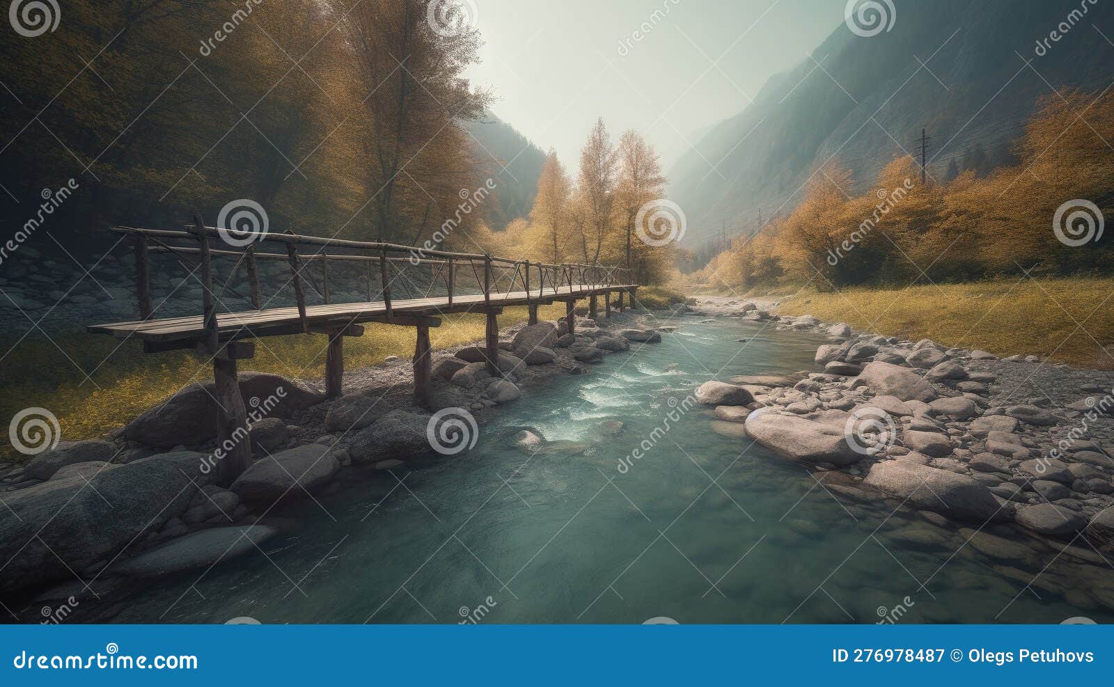 A Wooden Bridge Over a River Surrounded by Mountains and Trees Stock ...