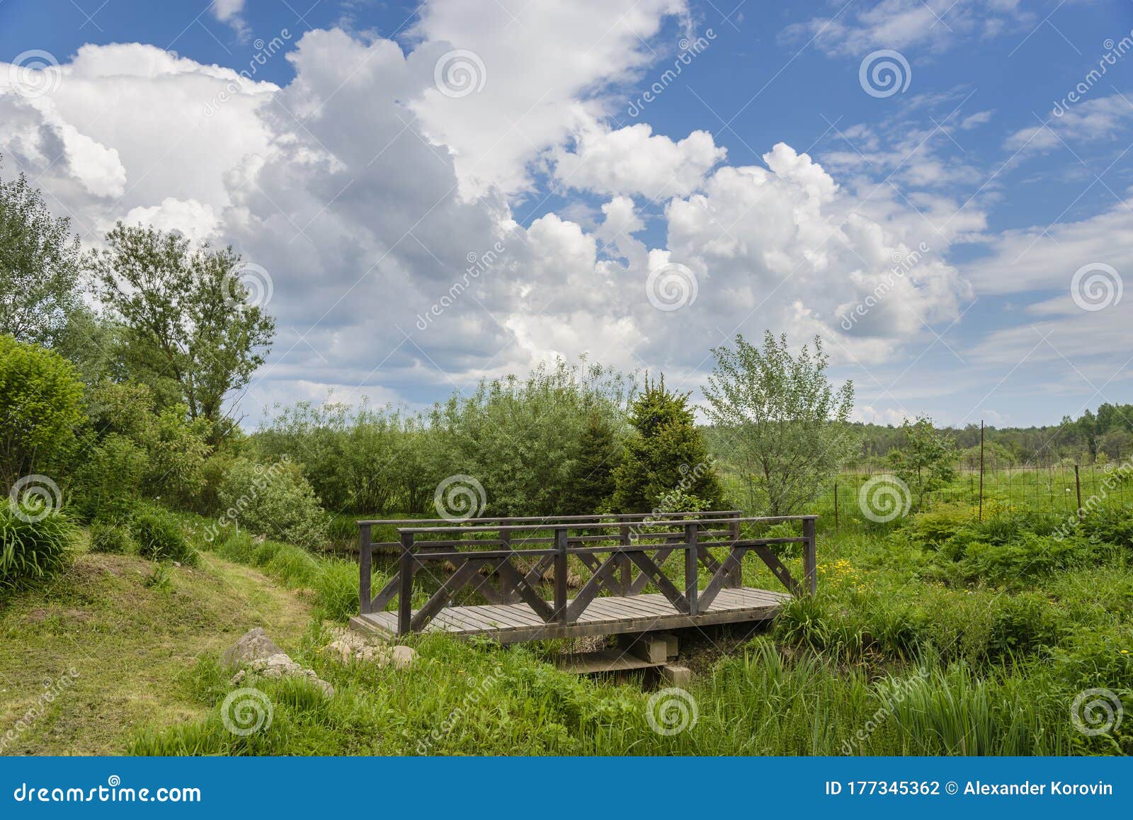 Wooden Bridge Over a Stream on Background of Blue Sky Stock Photo ...