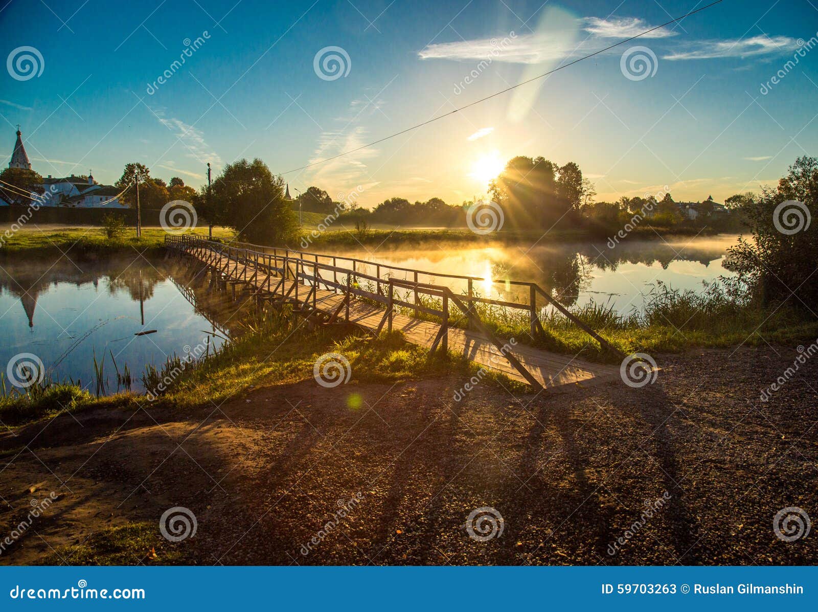 Wooden Bridge through River in Morning Sunlight Stock Image - Image of ...