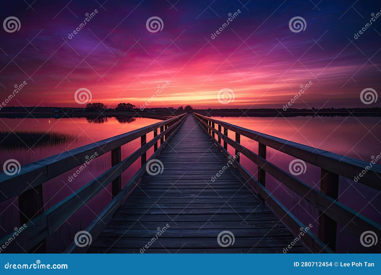 The Wooden Bridge at Sunset of Red Purple Sky Stock Illustration ...
