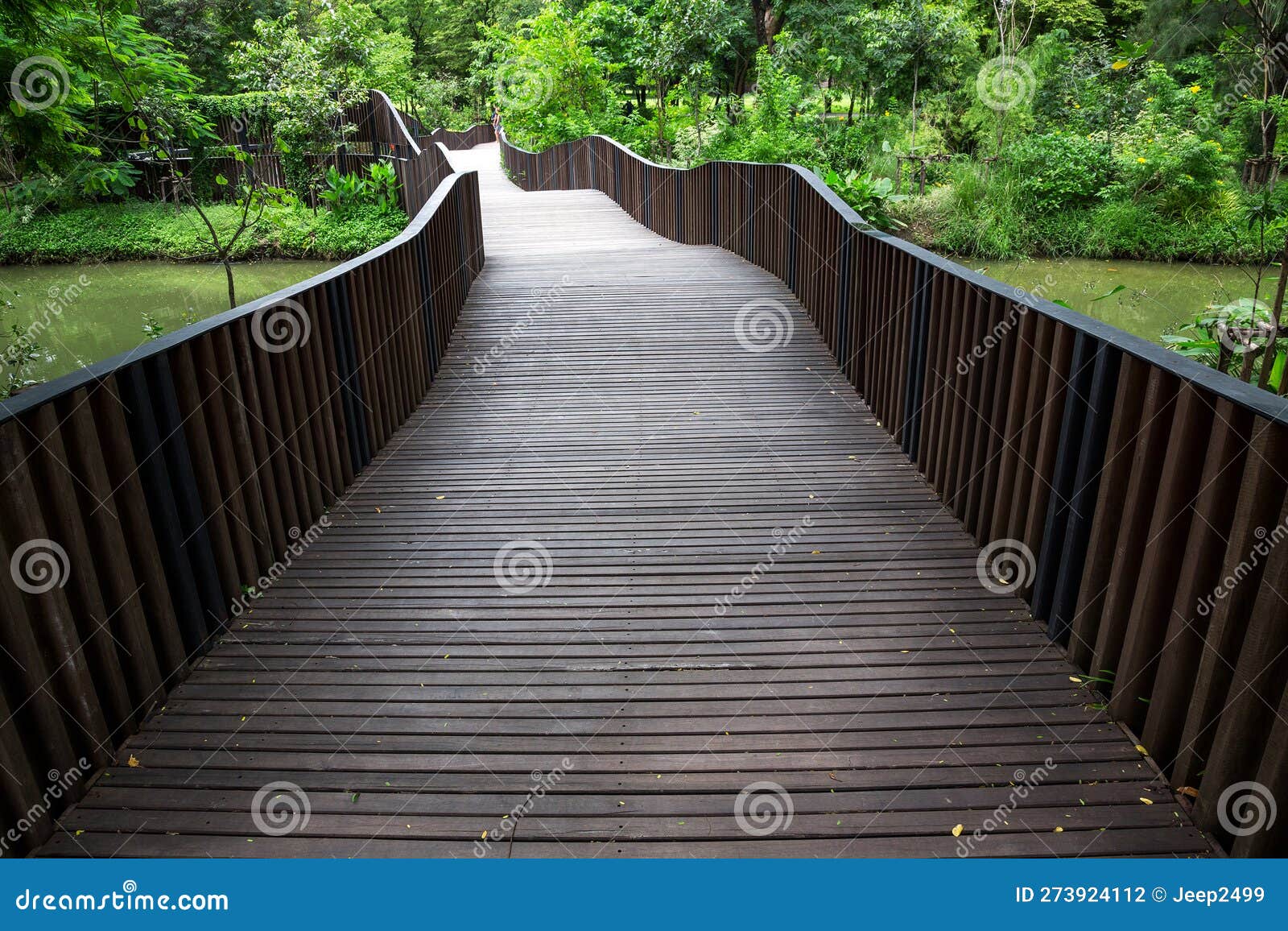 Wooden bridge walkway. stock photo. Image of park, thailand - 273924112