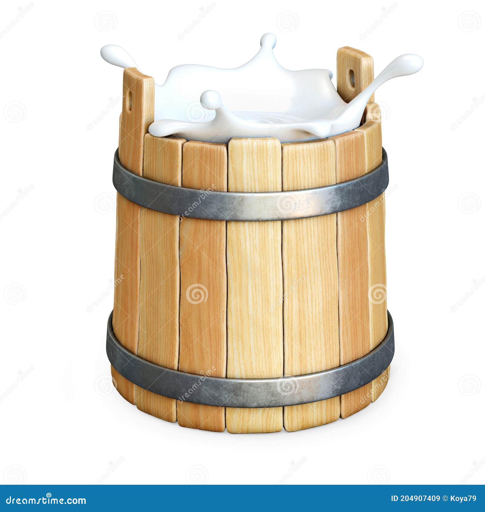 Wooden Bucket with Milk Splash Isolated on White Background 3d ...