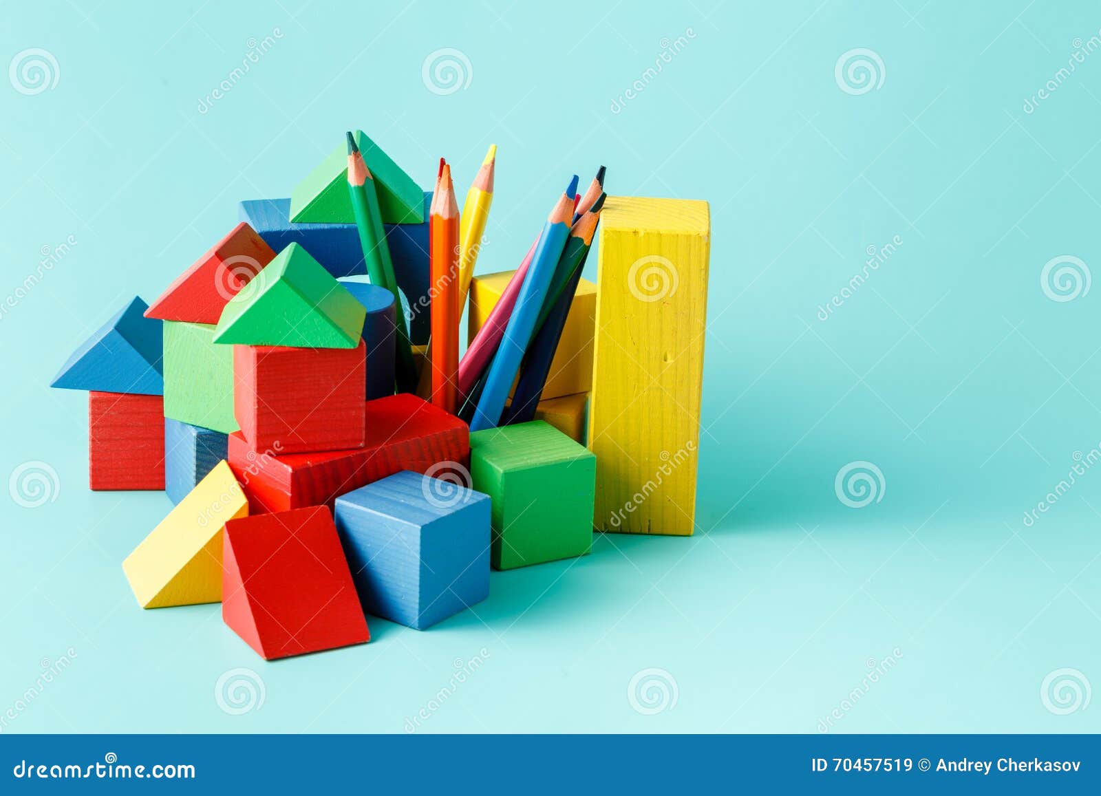 Wooden Building Block and Colored Pencils Stock Image - Image of ...