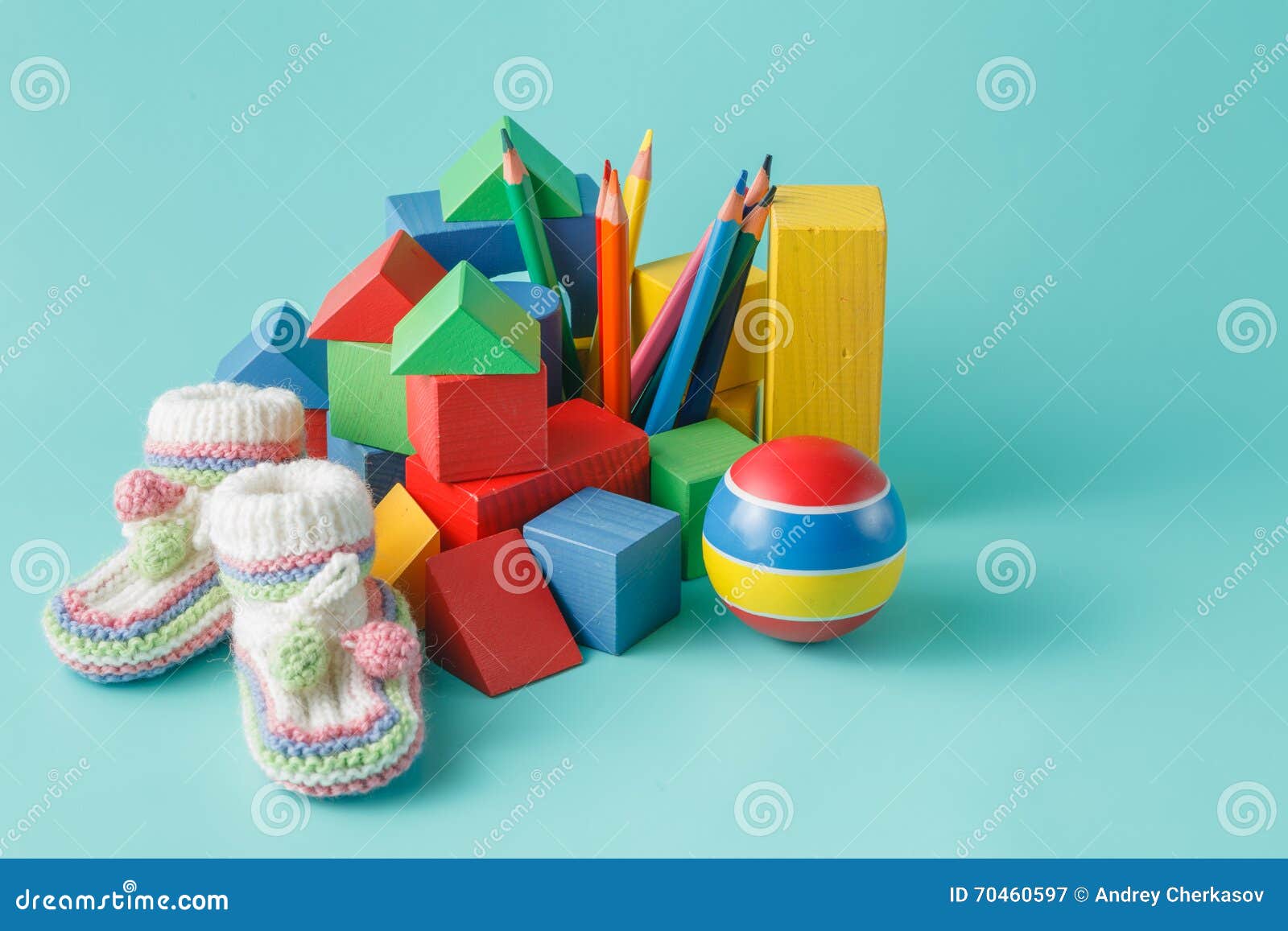Wooden Building Block and Colored Pencils Stock Image - Image of macro ...