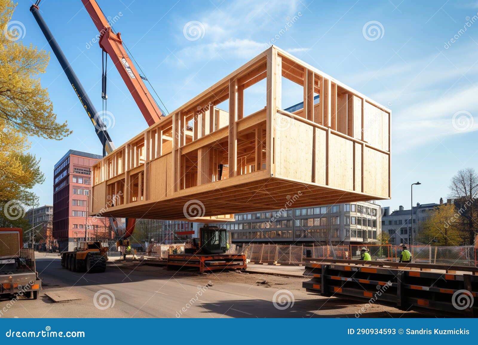 Wooden Building Module is Raised by a Crane and Placed into the ...