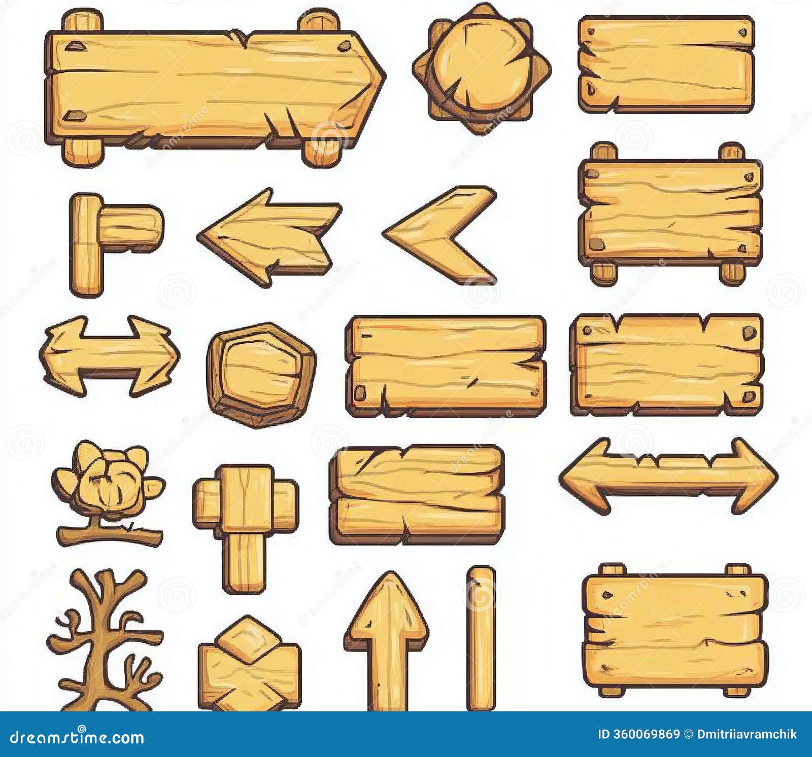 Wooden Button Game Frame. Arrow Signboard UI Interface Set. Round and ...