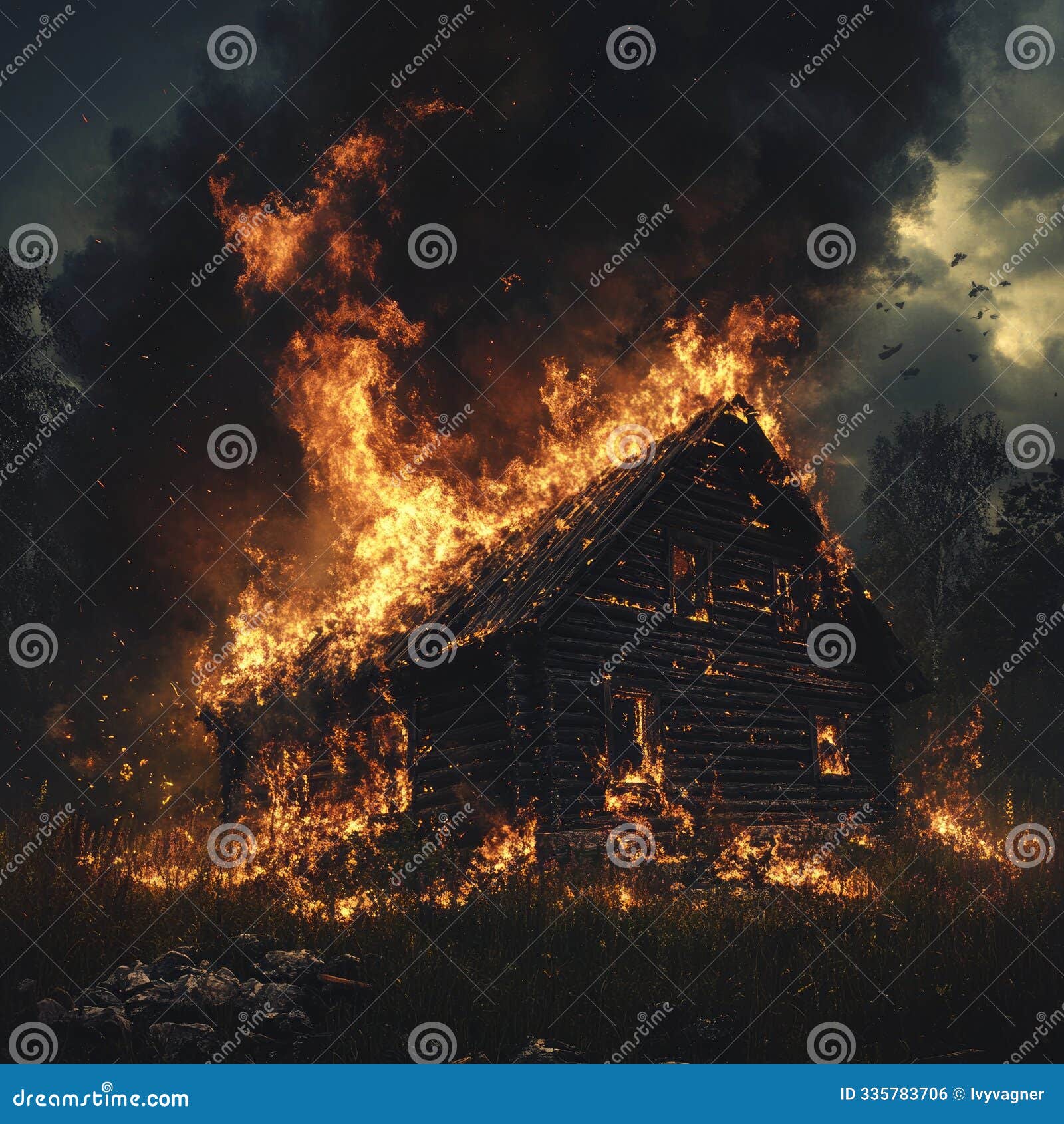 A Wooden Cabin Consumed by Fire, Flames Licking at the Sky Stock Photo ...