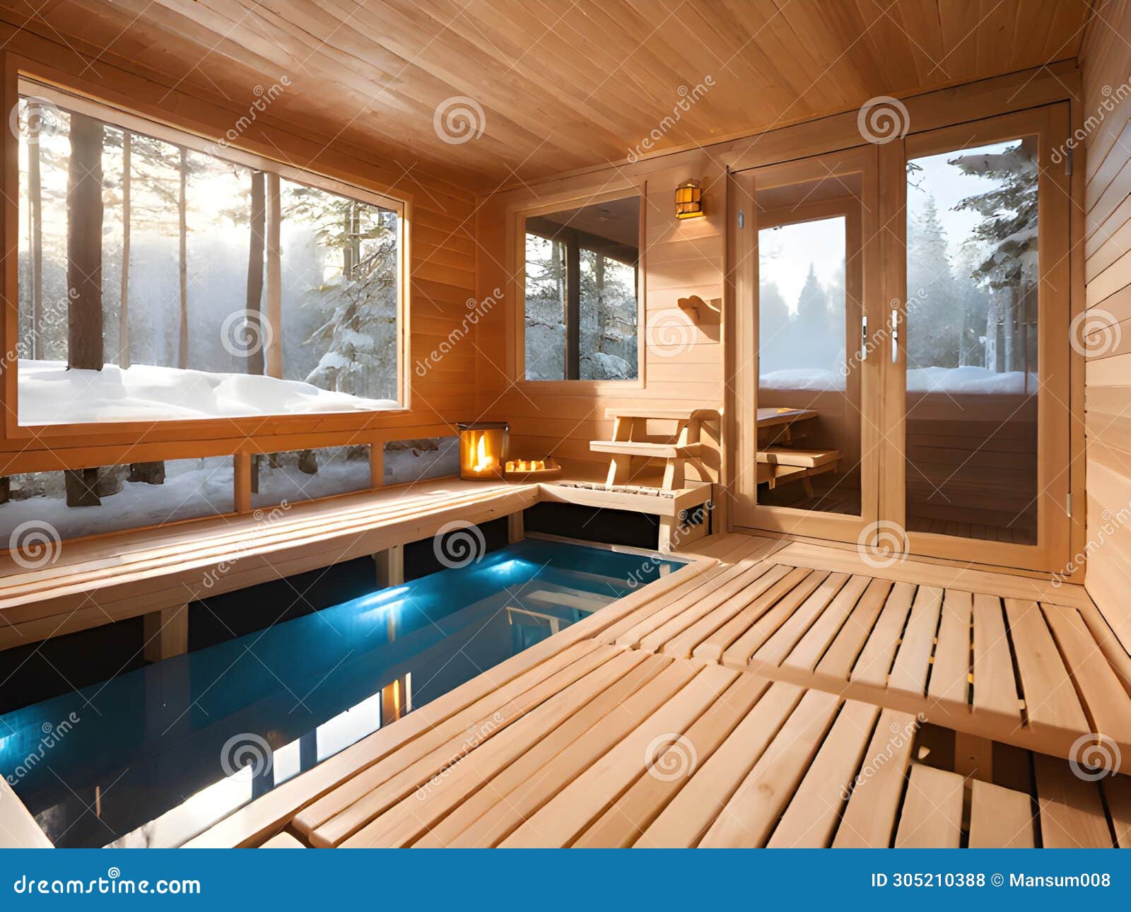 Wooden Cabin in a Modern Sauna with a Large Windows Stock Illustration ...