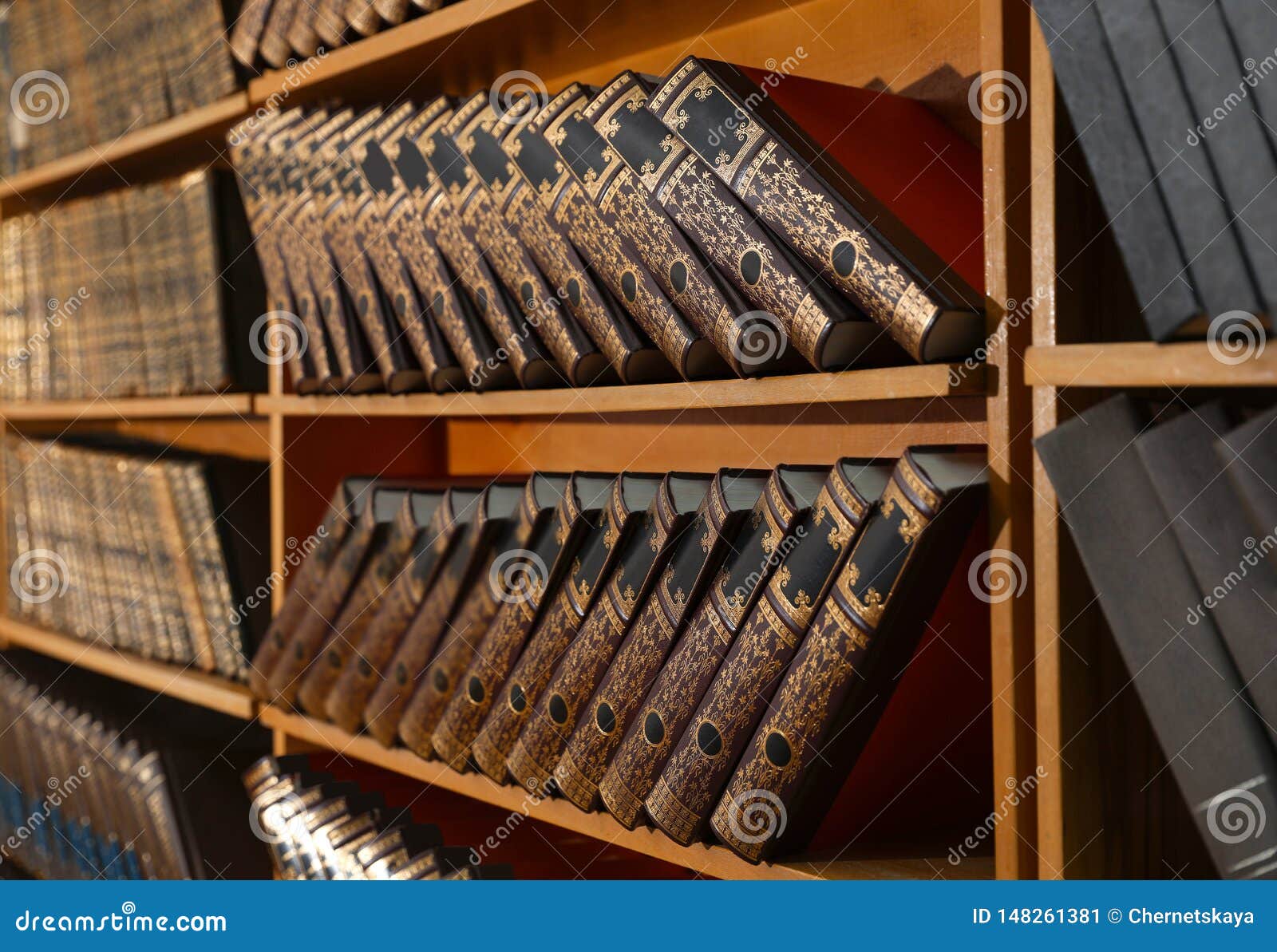 Wooden Cabinets with Collection of Books Stock Image - Image of college ...