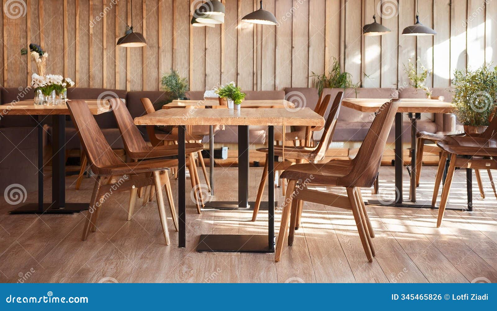 Wooden Cafe Interior with Table and Chairs, Open Space Restaurant Stock ...