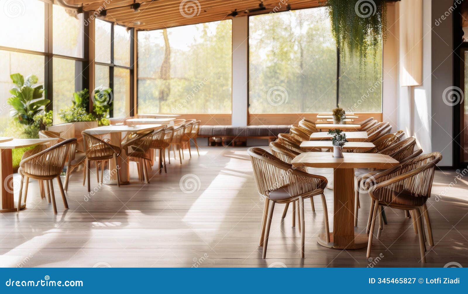 Wooden Cafe Interior with Table and Chairs, Open Space Restaurant Stock ...